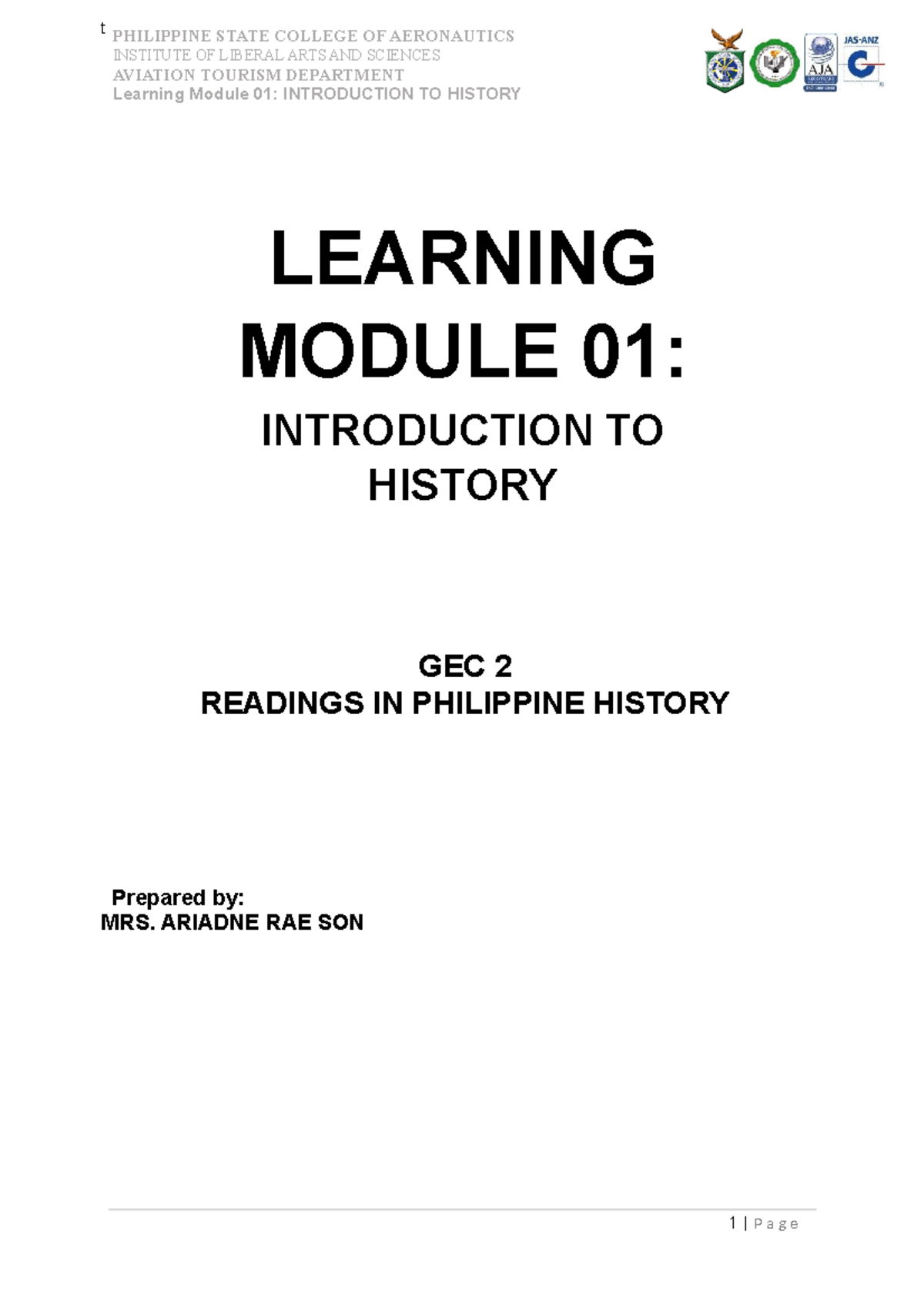 Module 01- History - t LEARNING MODULE 01: INTRODUCTION TO HISTORY GEC 2 READINGS IN PHILIPPINE ...