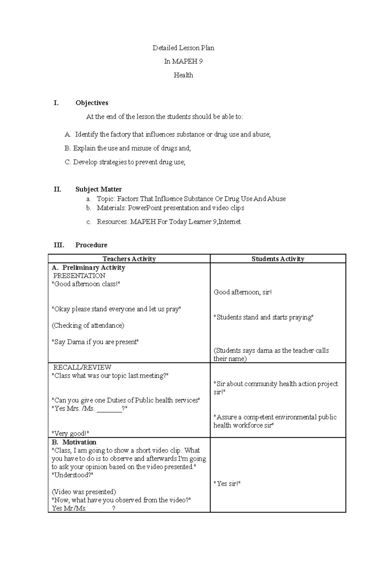 Final Lesson PLAN Edward - Detailed Lesson Plan In MAPEH 9 Health I ...