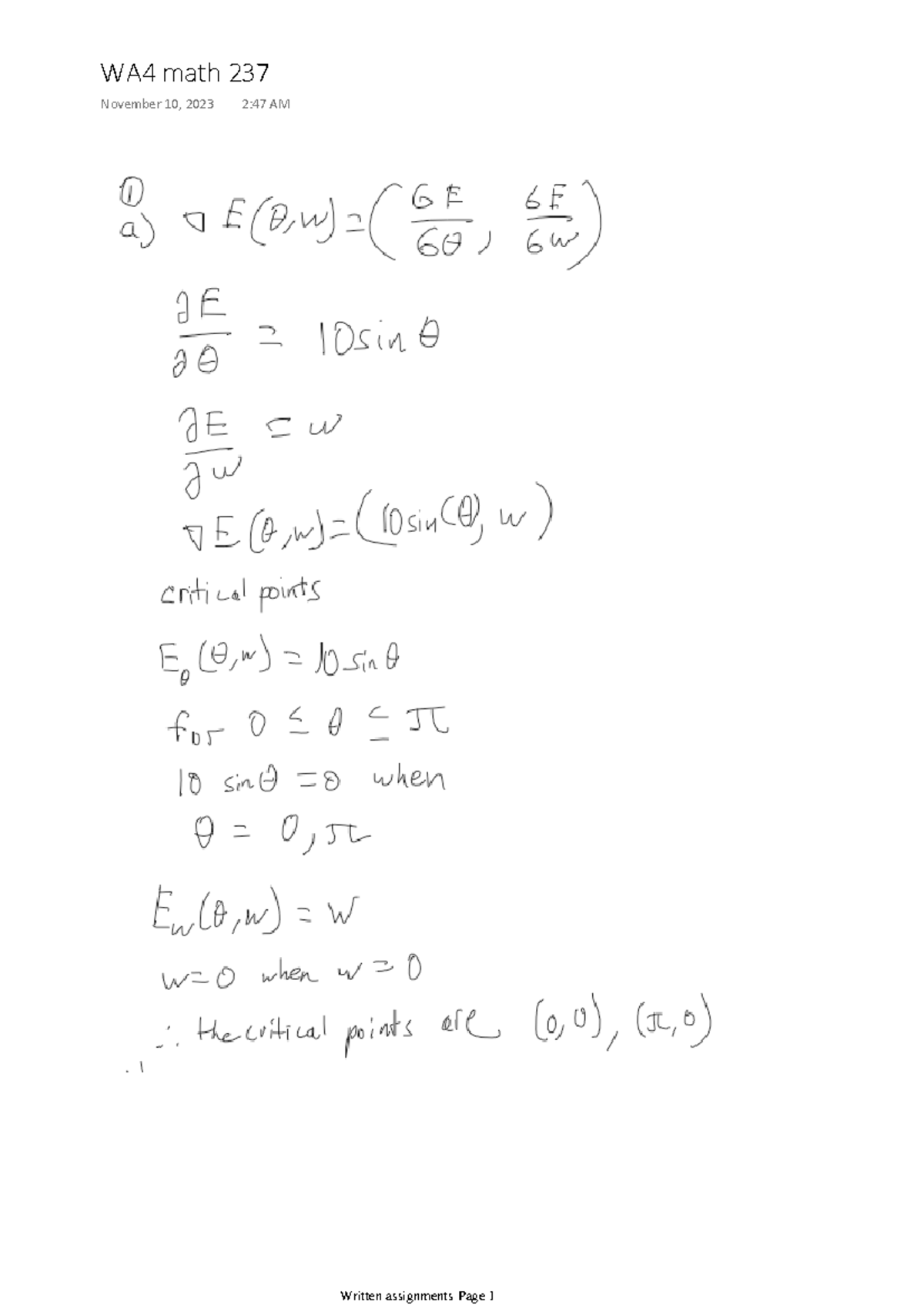 Assignment 4 math 237 - Math 237 - WA4 math 237 November 10, 2023 2:47 AM - Studocu