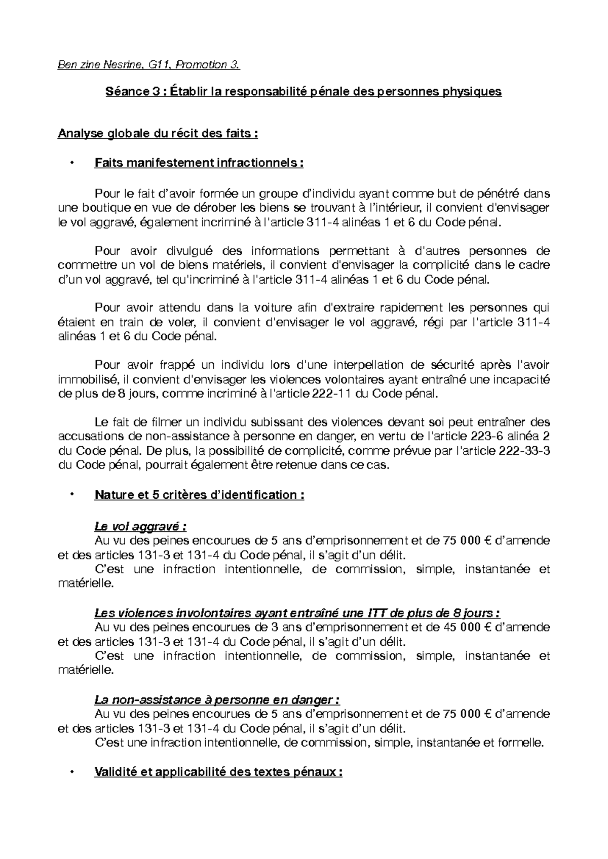 TD droit pénal s3 - td penal s3 - Ben zine Nesrine, G11, Promotion 3 ...