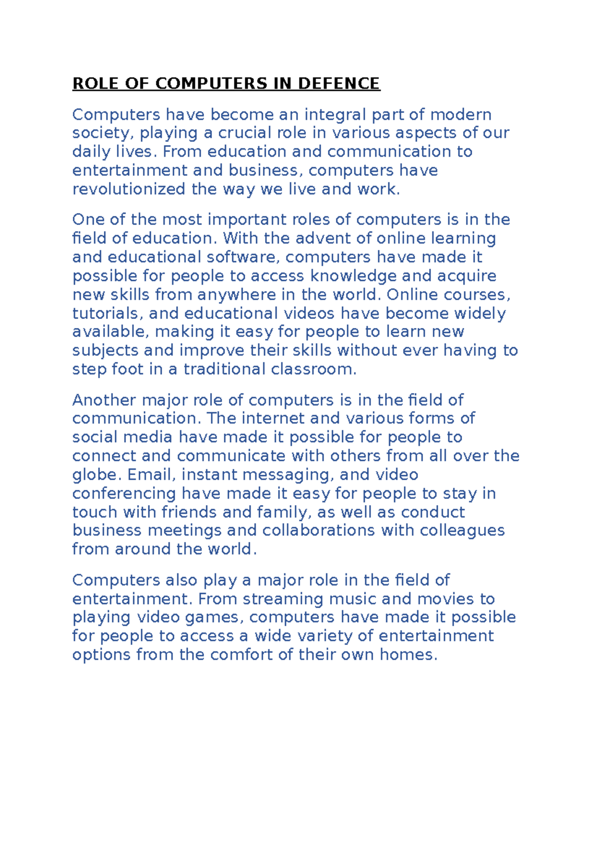 ROLE OF Computers IN Defence - ROLE OF COMPUTERS IN DEFENCE Computers ...