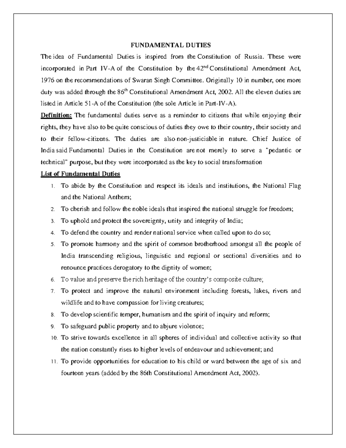 Fundamental Duties - Indian constitution - FUNDAMENTAL DUTIES The idea ...