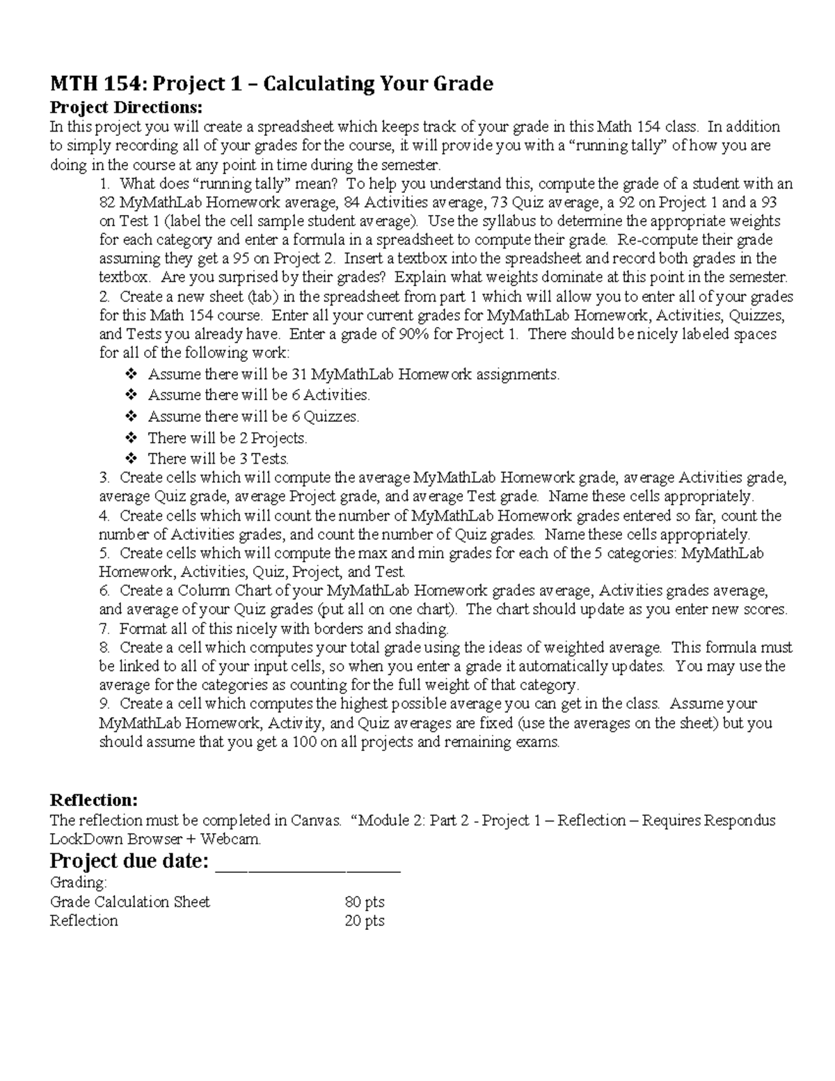 Project 1 - Calculating Your Grade-1-3 update - MTH 154: Project 1 – Calculating Your Grade ...
