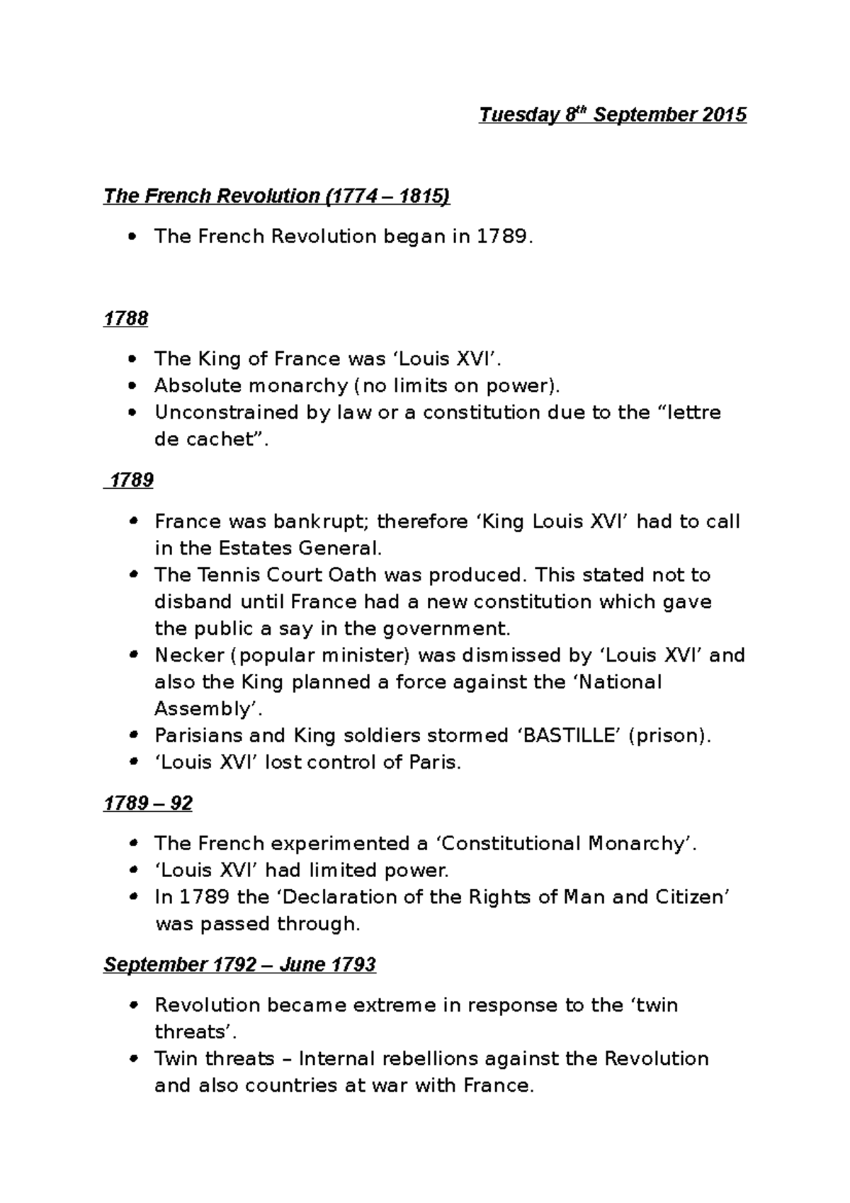 History Homework 1 - Tuesday 8th September 2015 The French Revolution ...