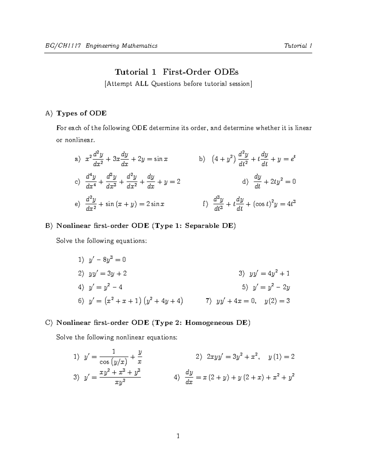 Tutorial 1-BG-Ch1117 - BG/CH1117 Engineering Mathematics Tutorial 1 Tutorial 1 First-Order ODEs ...