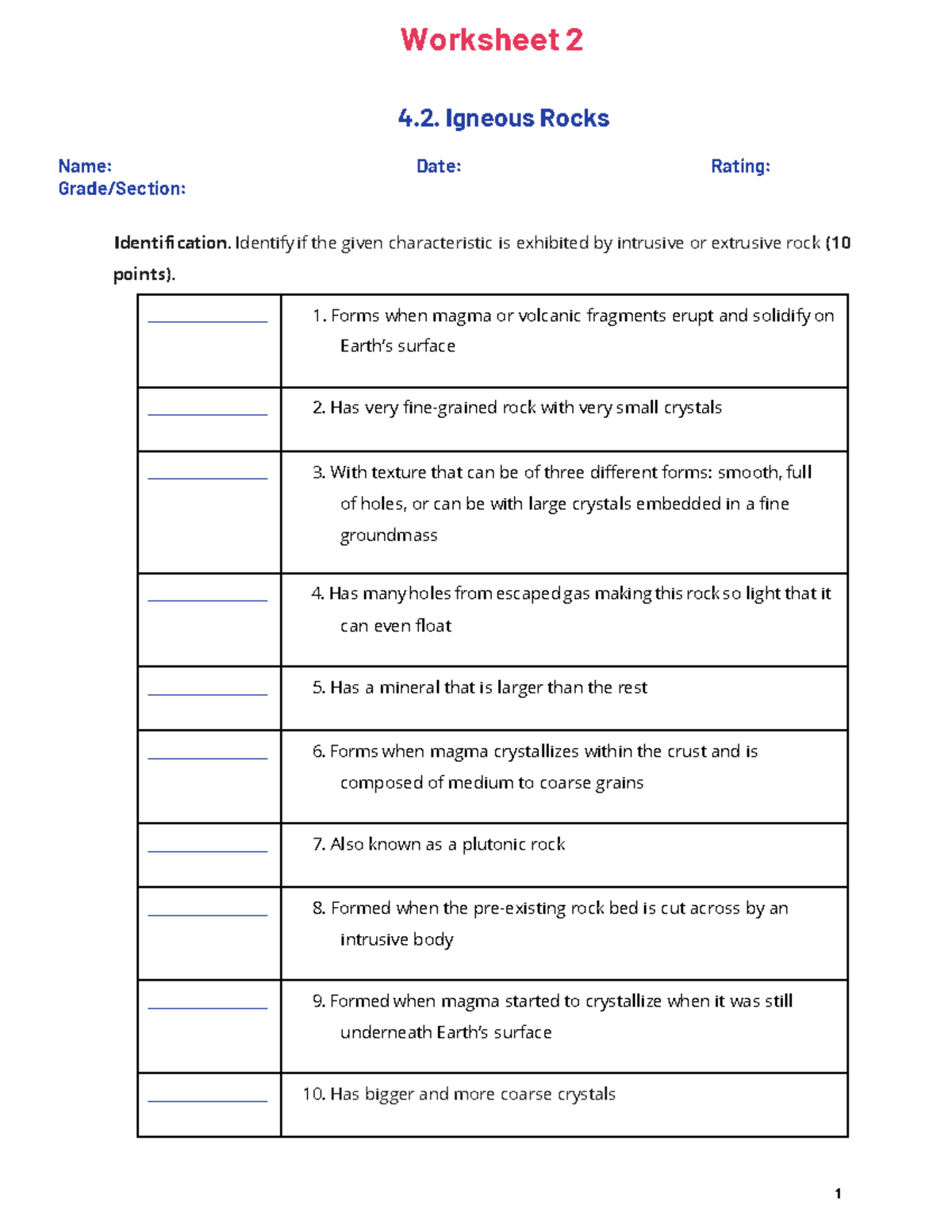 Igneous Rocks - Worksheet 2 4. Igneous Rocks Name: Date: Grade/Section ...