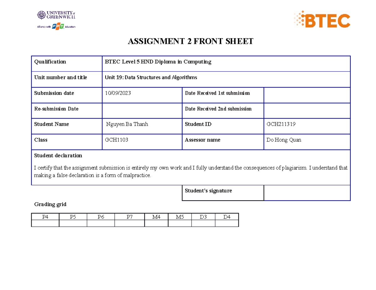 1 Unit 19 - Assignment 2 frontsheet - ASSIGNMENT 2 FRONT SHEET Qualification BTEC Level 5 HND ...