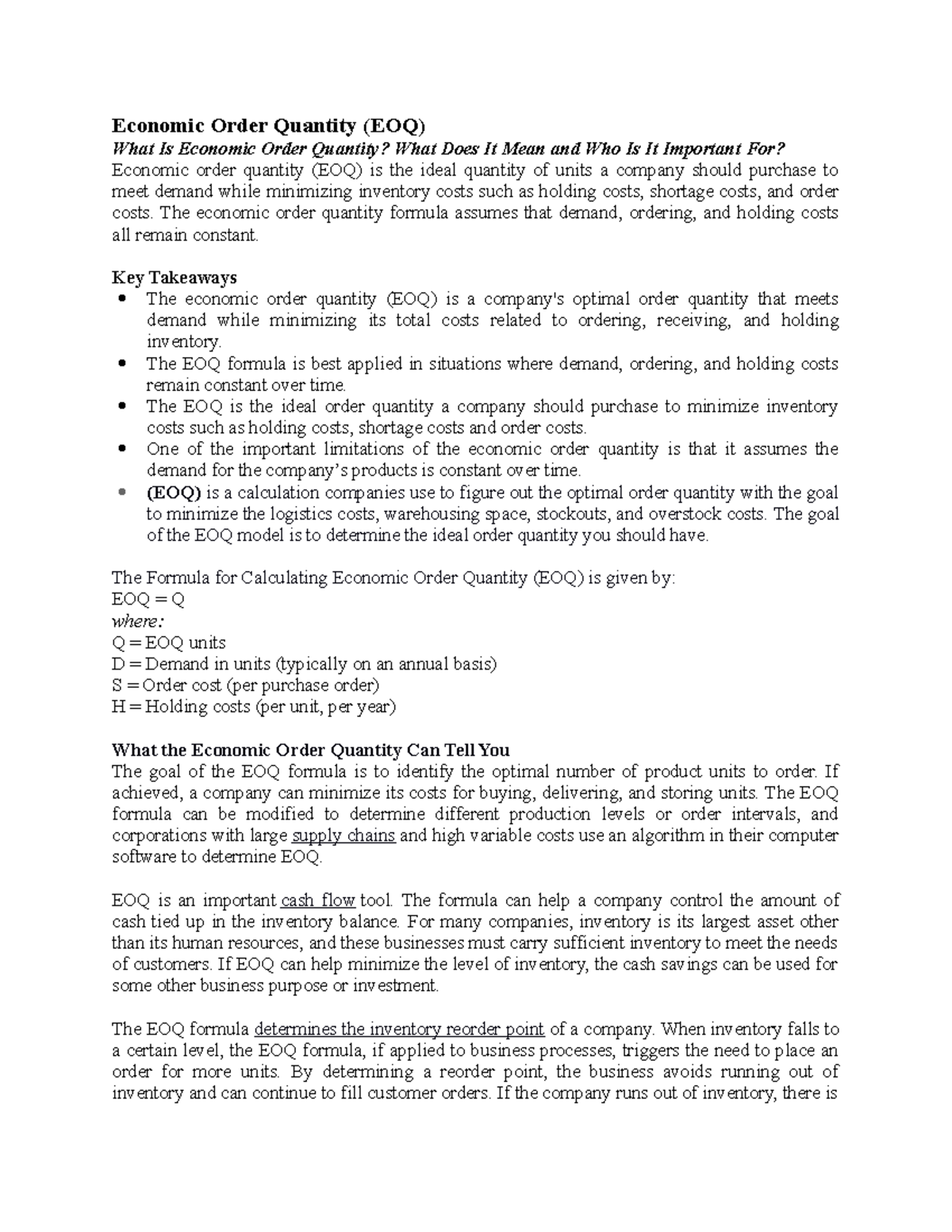 Economic Order Quantity (EOQ) - The economic order quantity formula ...