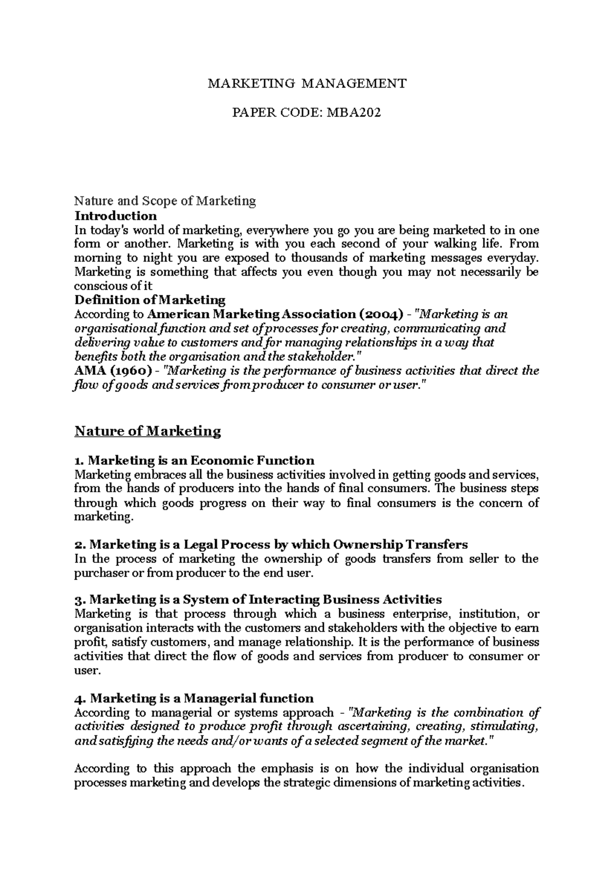Marketing Management notes MBA 2ND - MARKETING MANAGEMENT PAPER CODE ...