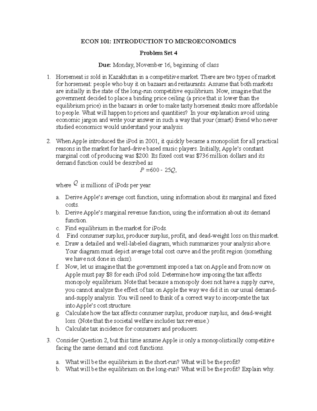 Homework 4 - hw4 - ECON 101: INTRODUCTION TO MICROЕCONOMICS Problеm Sеt ...