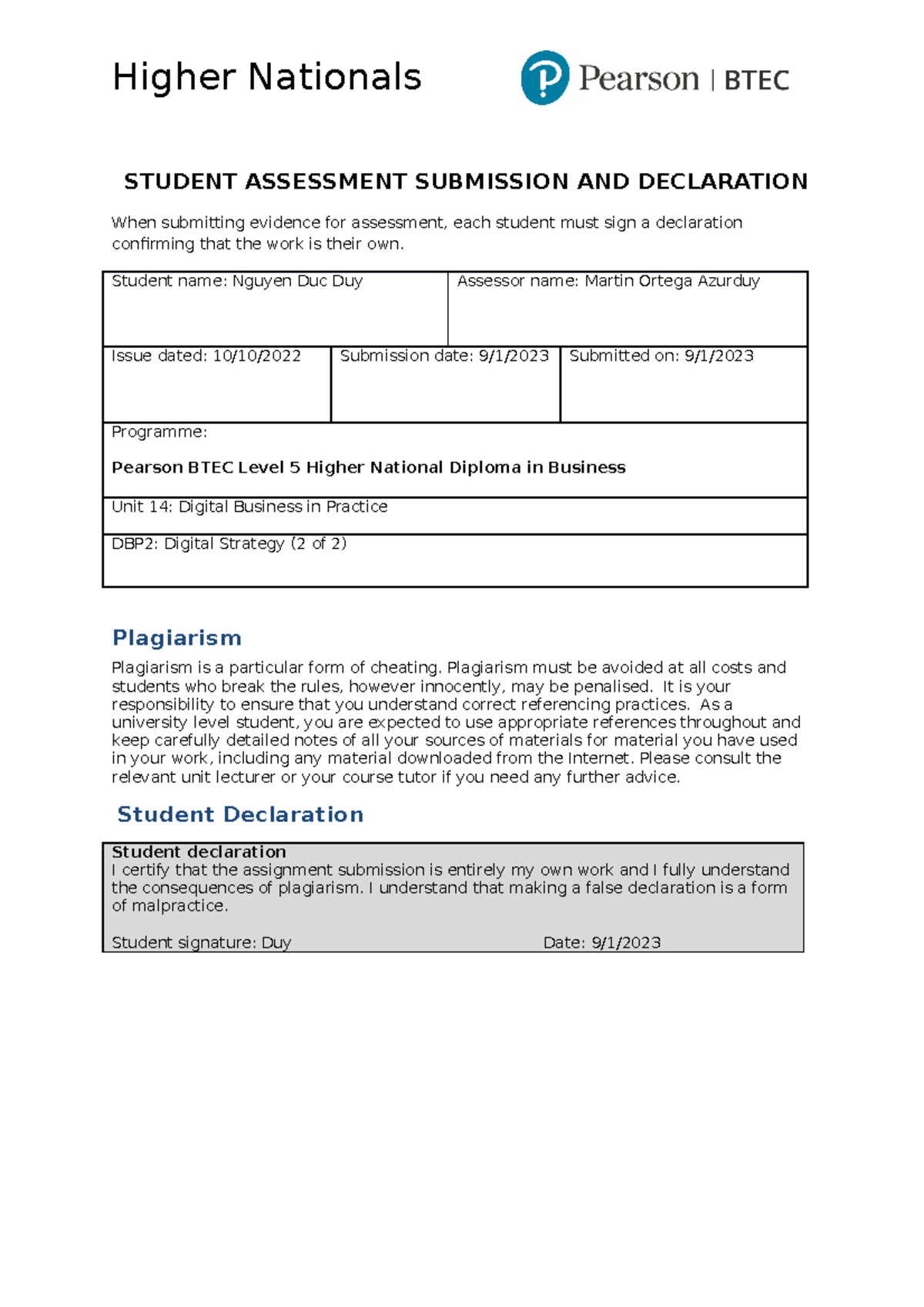 Student Assessment Submission and Declaration - Higher Nationals STUDENT ASSESSMENT SUBMISSION ...