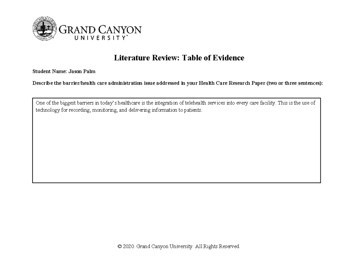 HLT 364 RS Tableof Evidence - Literature Review: Table of Evidence ...