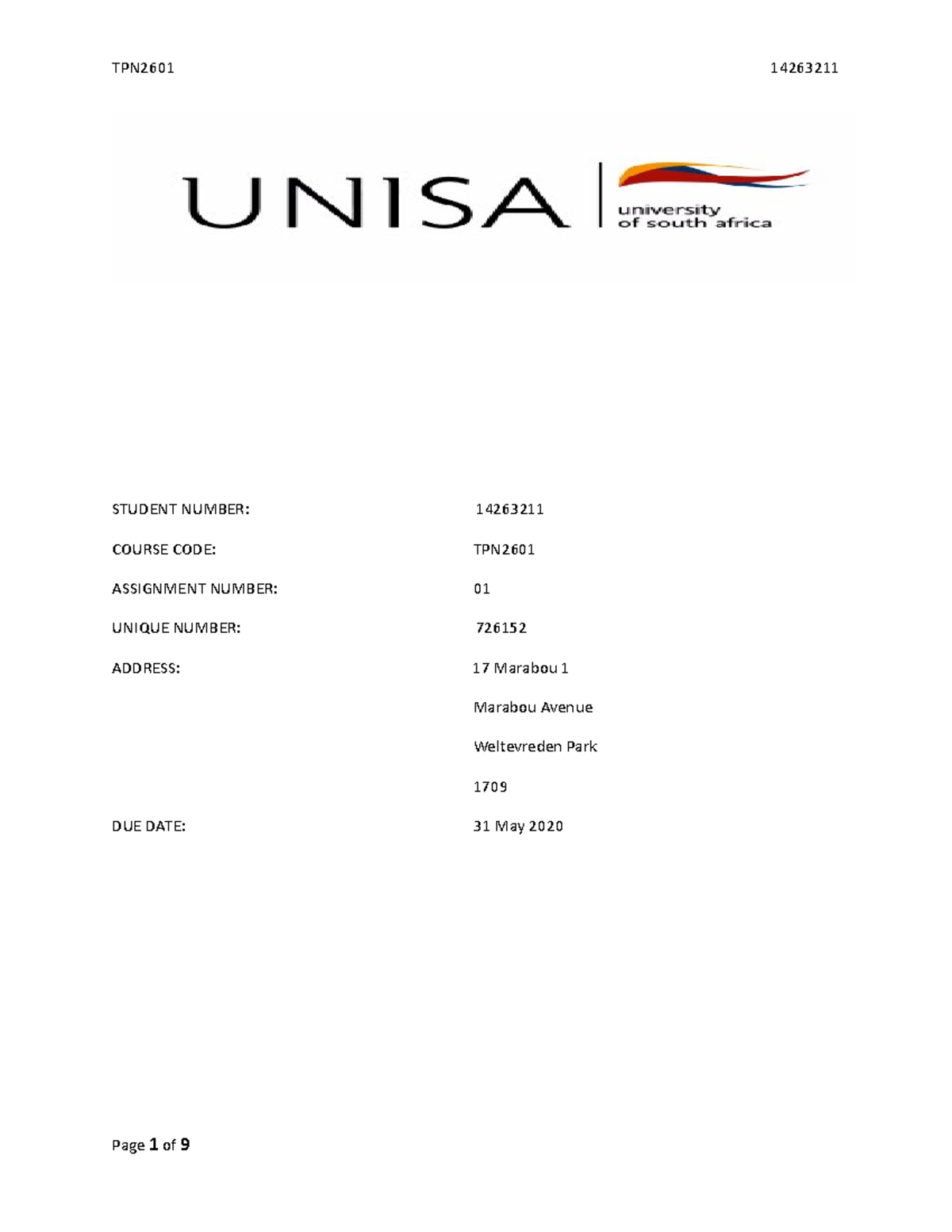 TPN2601 01 - work - Marabou Avenue STUDENT NUMBER: COURSE CODE: TPN ASSIGNMENT NUMBER: UNIQUE ...