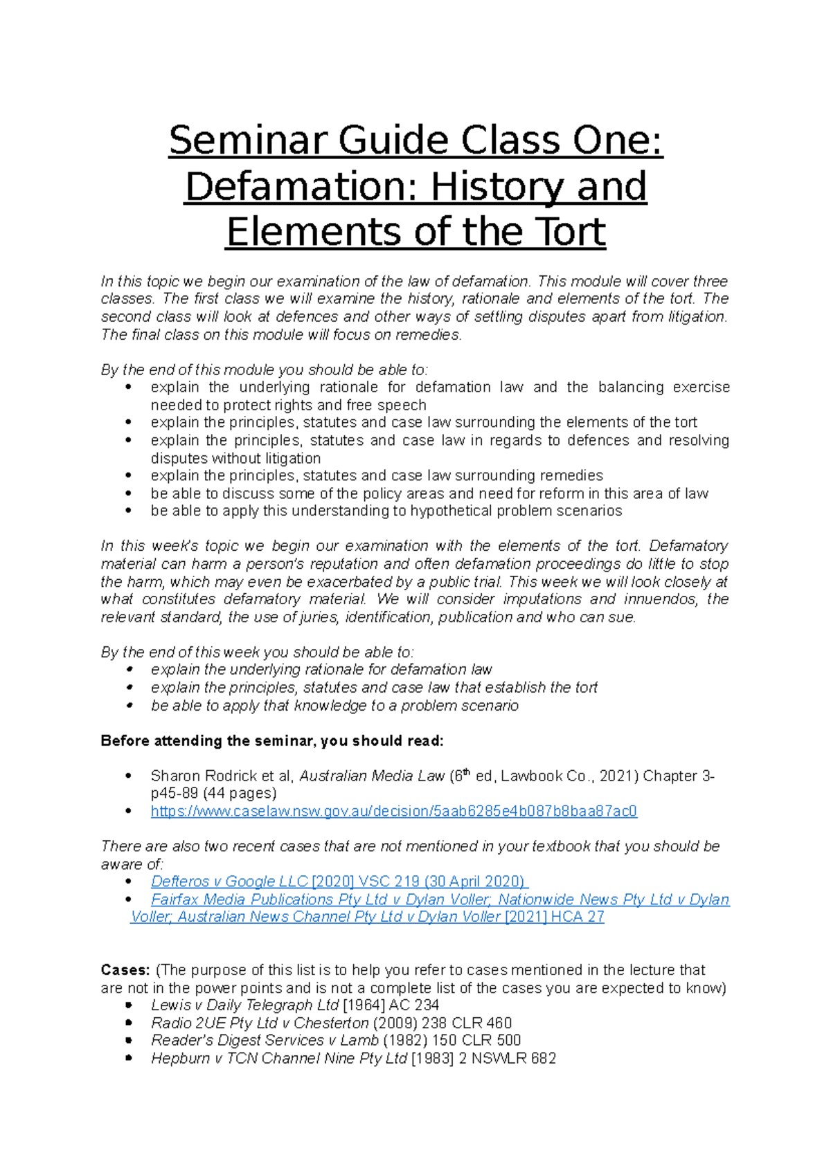 Seminar Guide Class 1 - Lecture notes 1 - Seminar Guide Class One ...