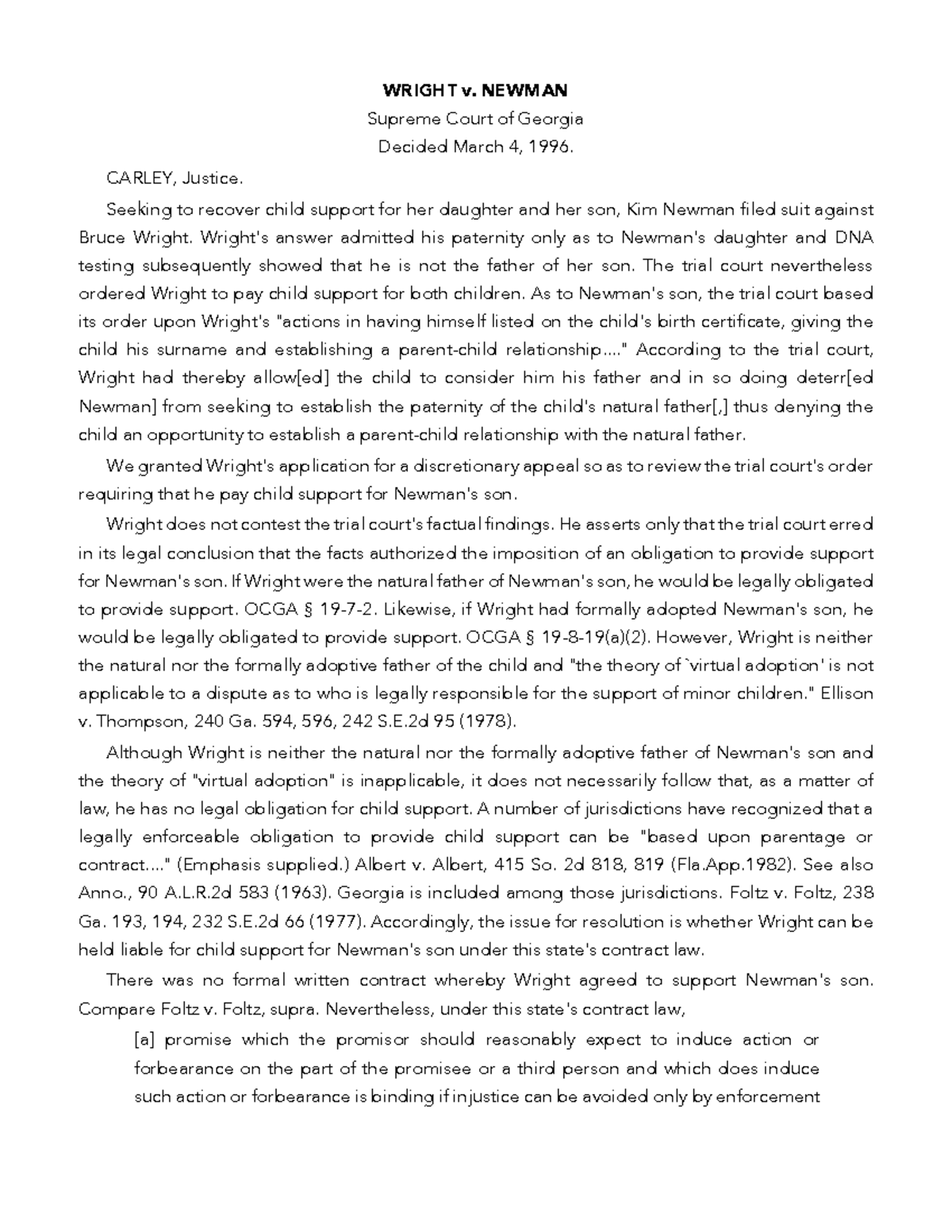 Wright v Newman - Case Study for Assignment 2.4 Instructor: Thomas ...