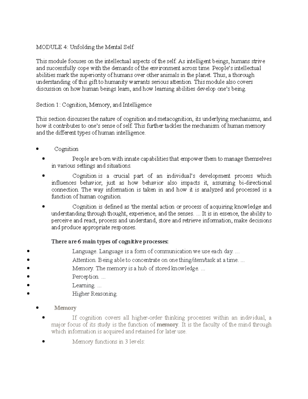 Module 4 Understanding the Self - MODULE 4: Unfolding the Mental Self This module focuses on the ...