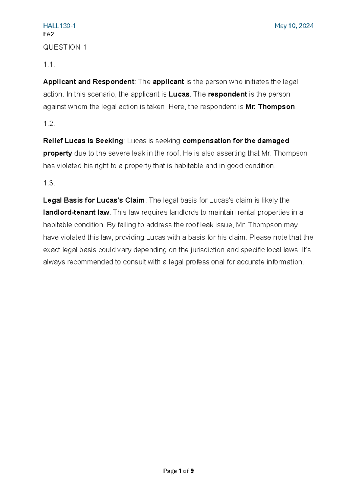 FA2 HALL130 1052024 - FA QUESTION 1 1. Applicant and Respondent: The ...