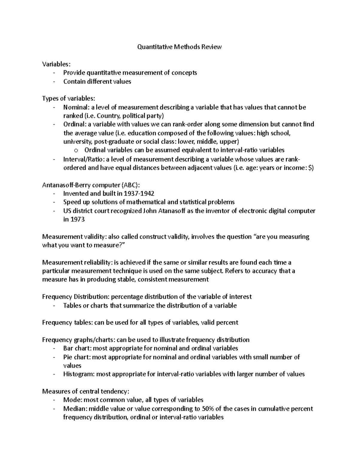 Quantitative Methods Review - Quantitative Methods Review Variables ...