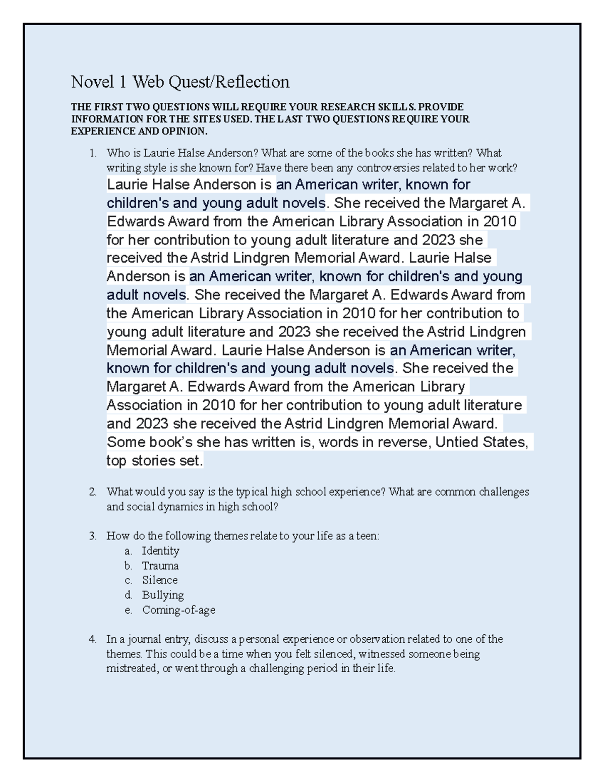 Assignment do 9-21-23 - thank you - Novel 1 Web Quest/Reflection THE ...