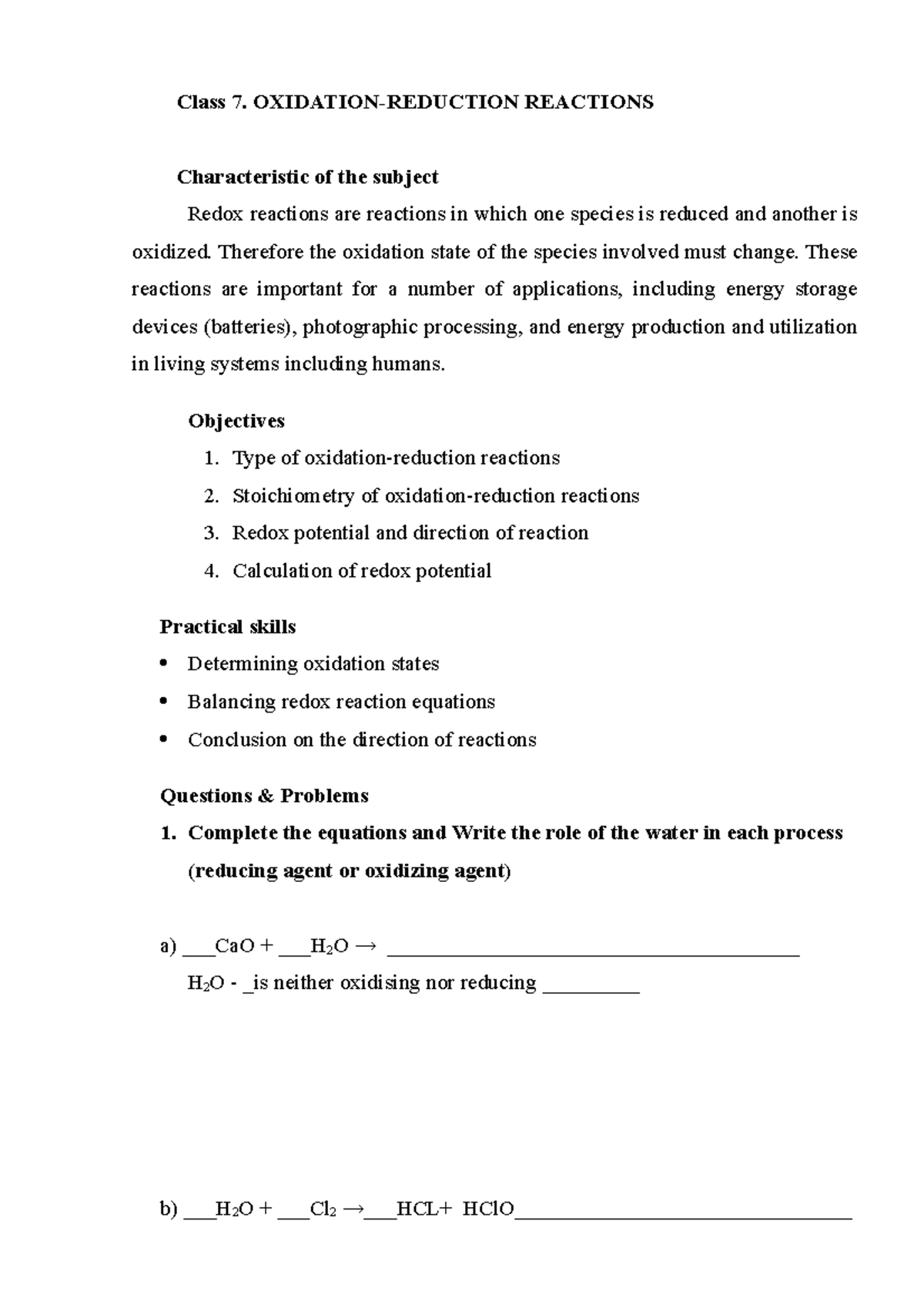 Class 7 - OXIDATION-REDUCTION REACTIONS - Class 7. OXIDATION-REDUCTION ...