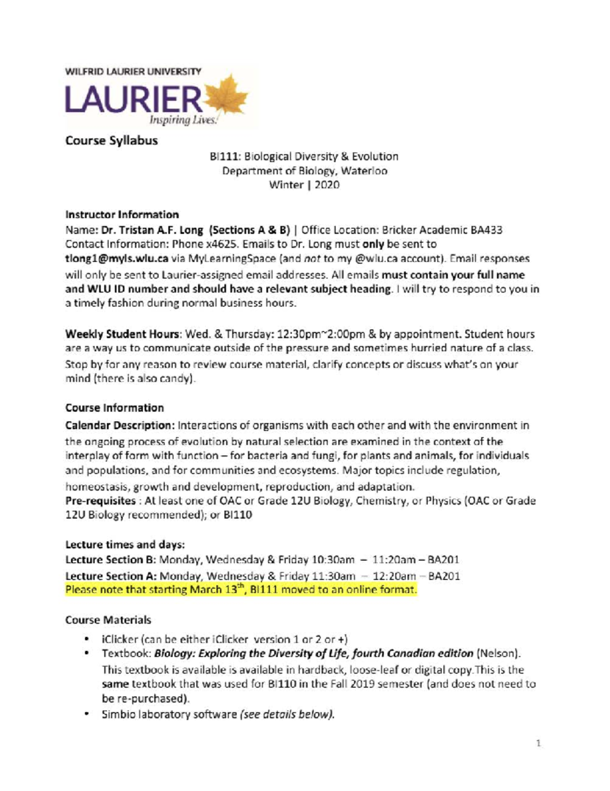 B111 W20 Laurier document - BI 111 - Studocu