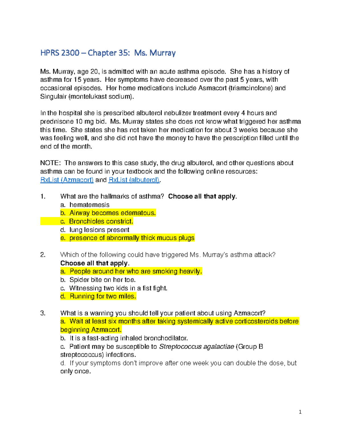 Ms. Murray FA22 - Case study - 1 HPRS 2300 – Chapter 35: Ms. Murray Ms ...