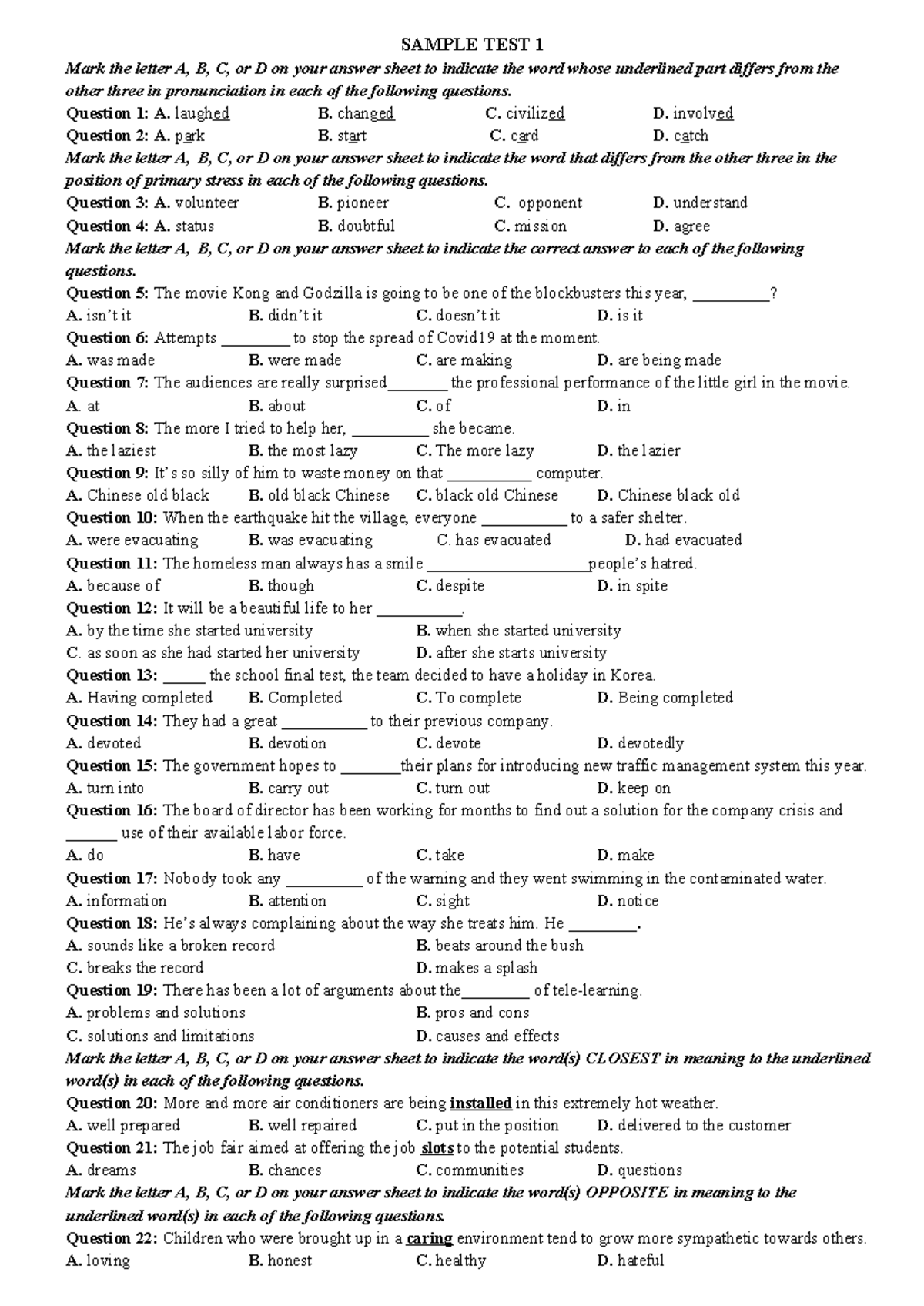 Sample TEST 1 - MS THUY - SAMPLE TEST 1 Mark the letter A, B, C, or D ...