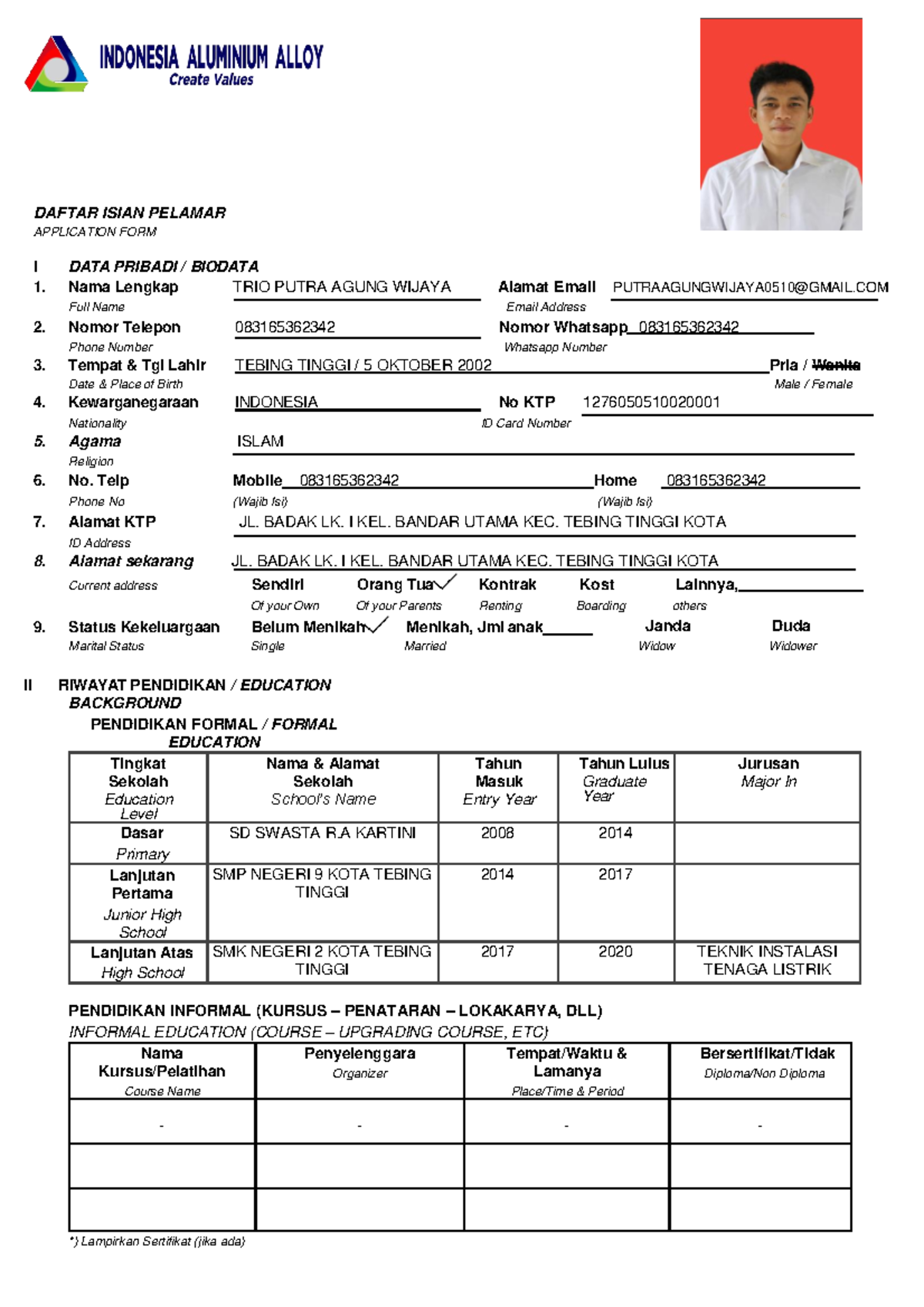 Alluminium TRIO - BJJJBJ - DAFTAR ISIAN PELAMAR APPLICATION FORM I DATA ...