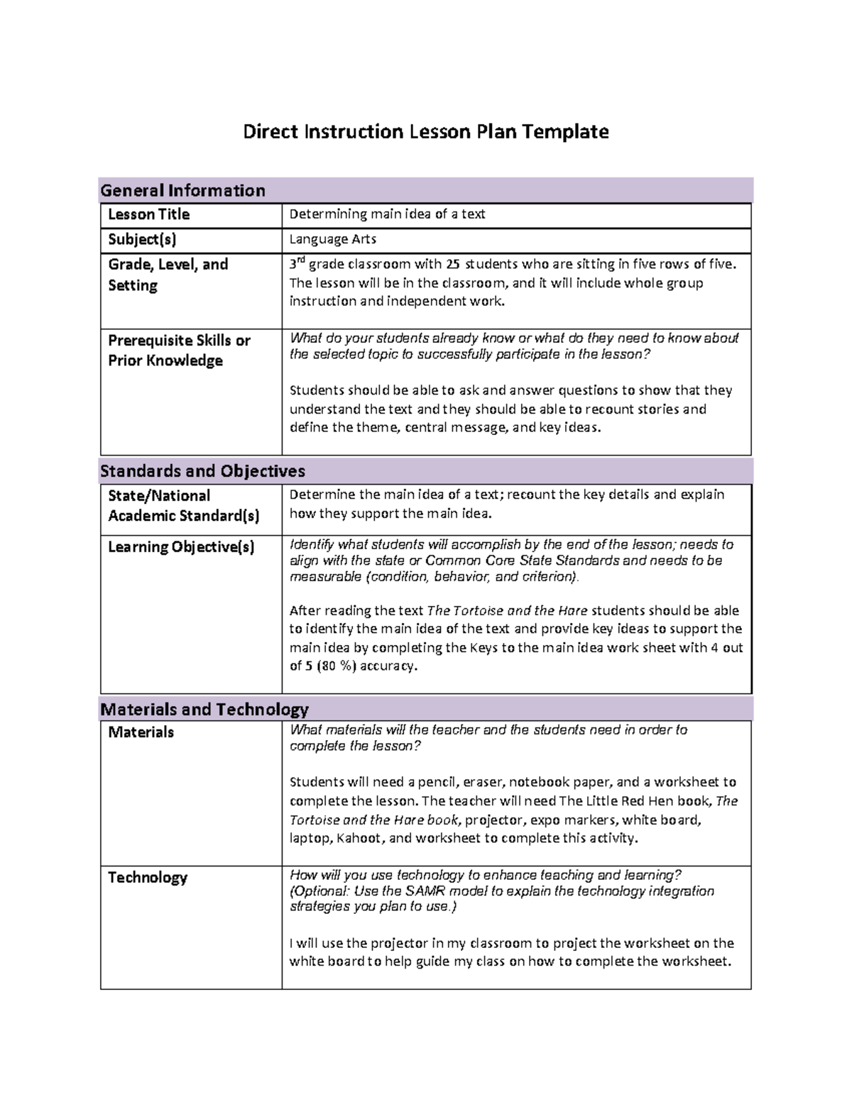 Direct Instruction Lesson Plan Template - The lesson will be in the ...