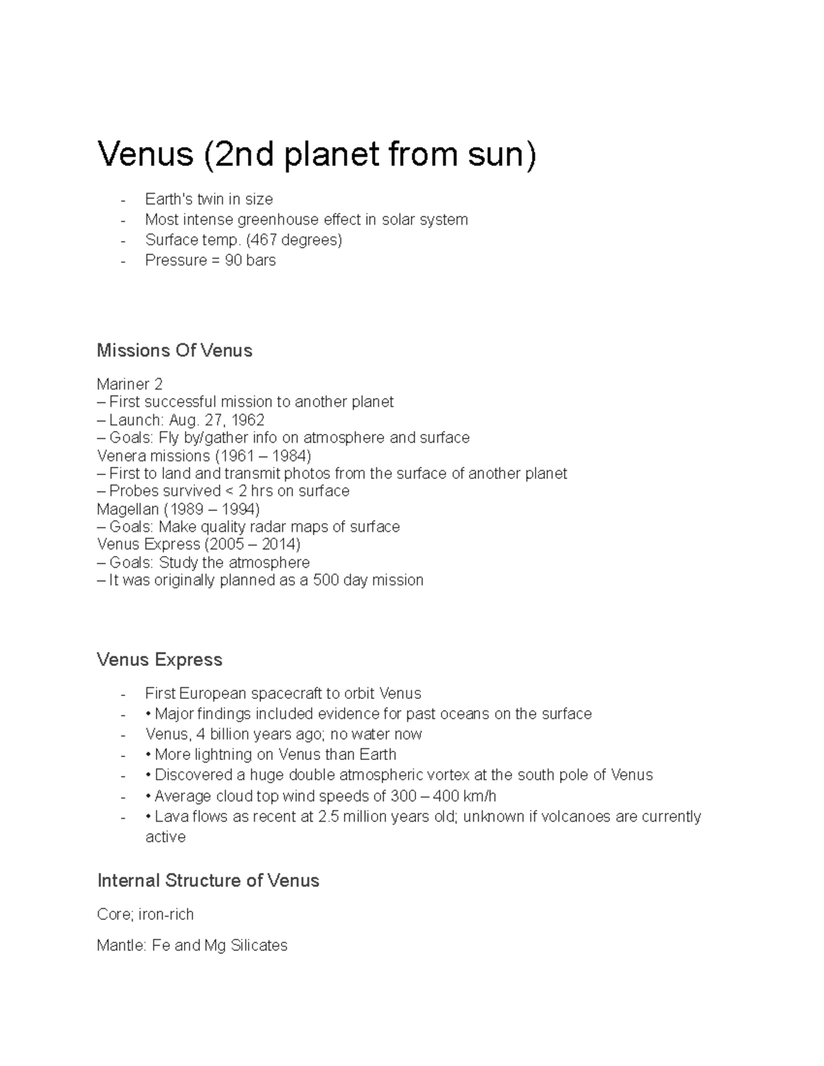 Venus Notes - Venus (2nd planet from sun) Earth's twin in size Most ...