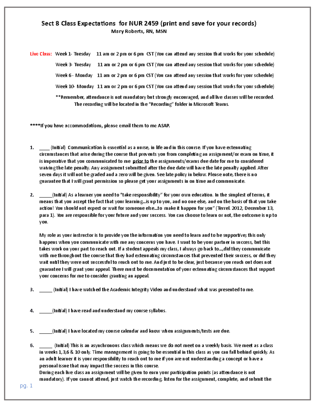 Section 08 Class Expectations Document Winter 2023 - Mary Roberts, RN ...