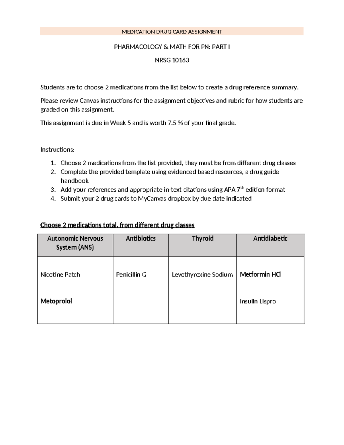 Medication Drug Card Assignment Outline and Template-Assignment ...
