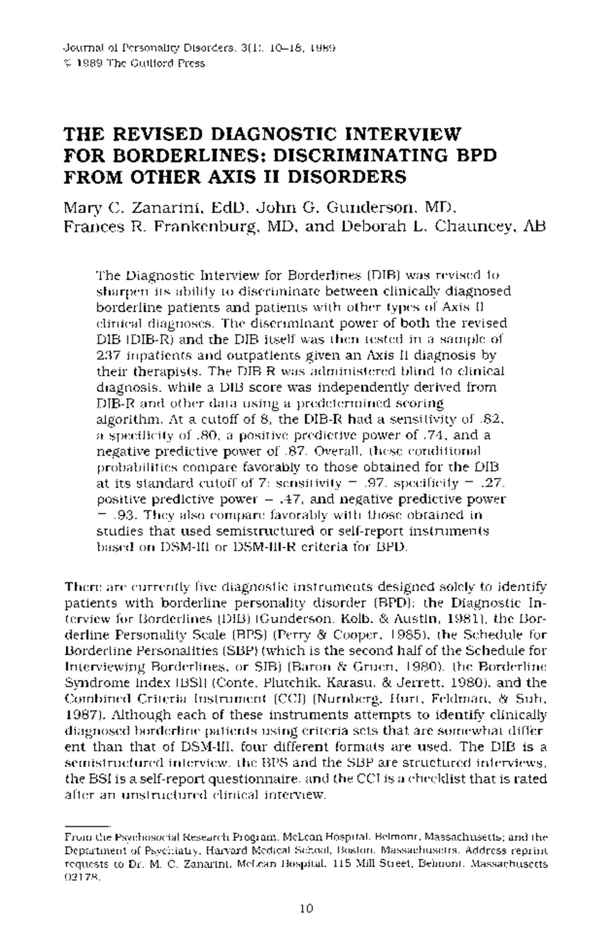DIB-R - diagnostic interview for BPD - ####### Journal of Personality ...