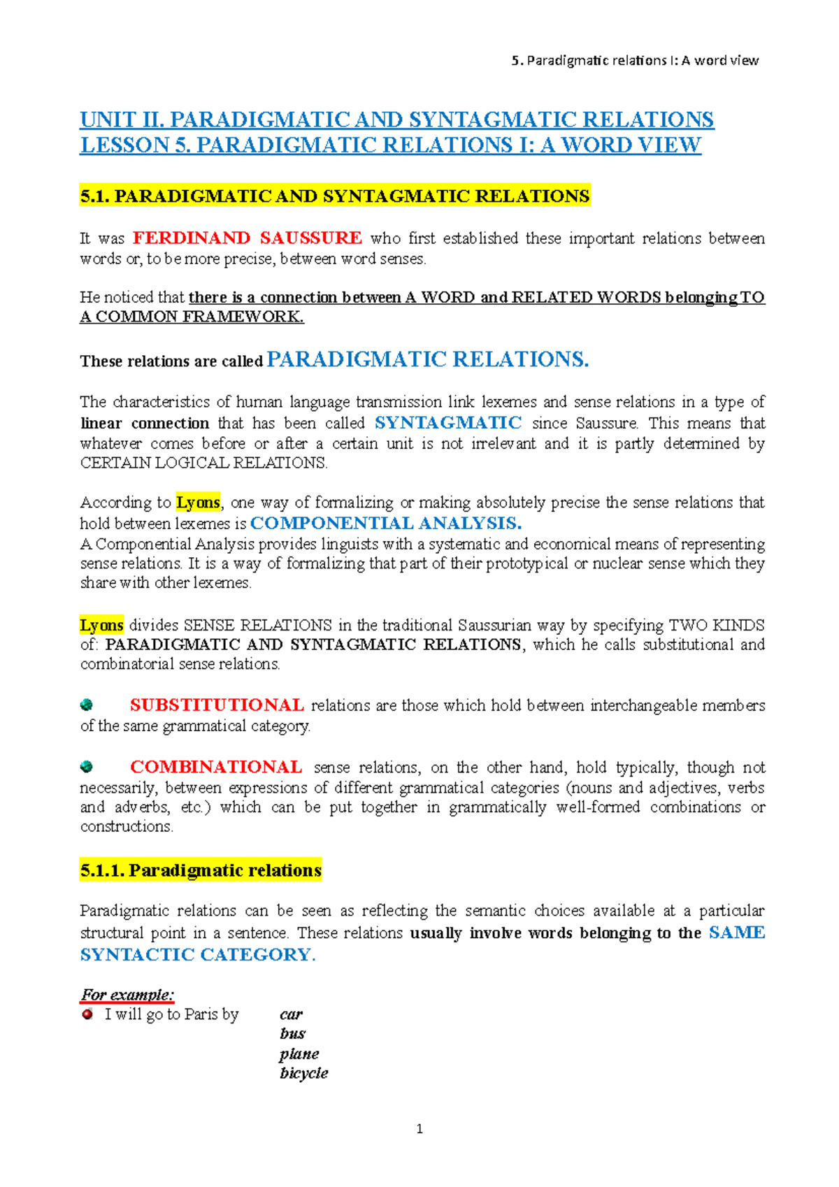49010172- Resumen+ Lesson+5 - UNIT II. PARADIGMATIC AND SYNTAGMATIC ...