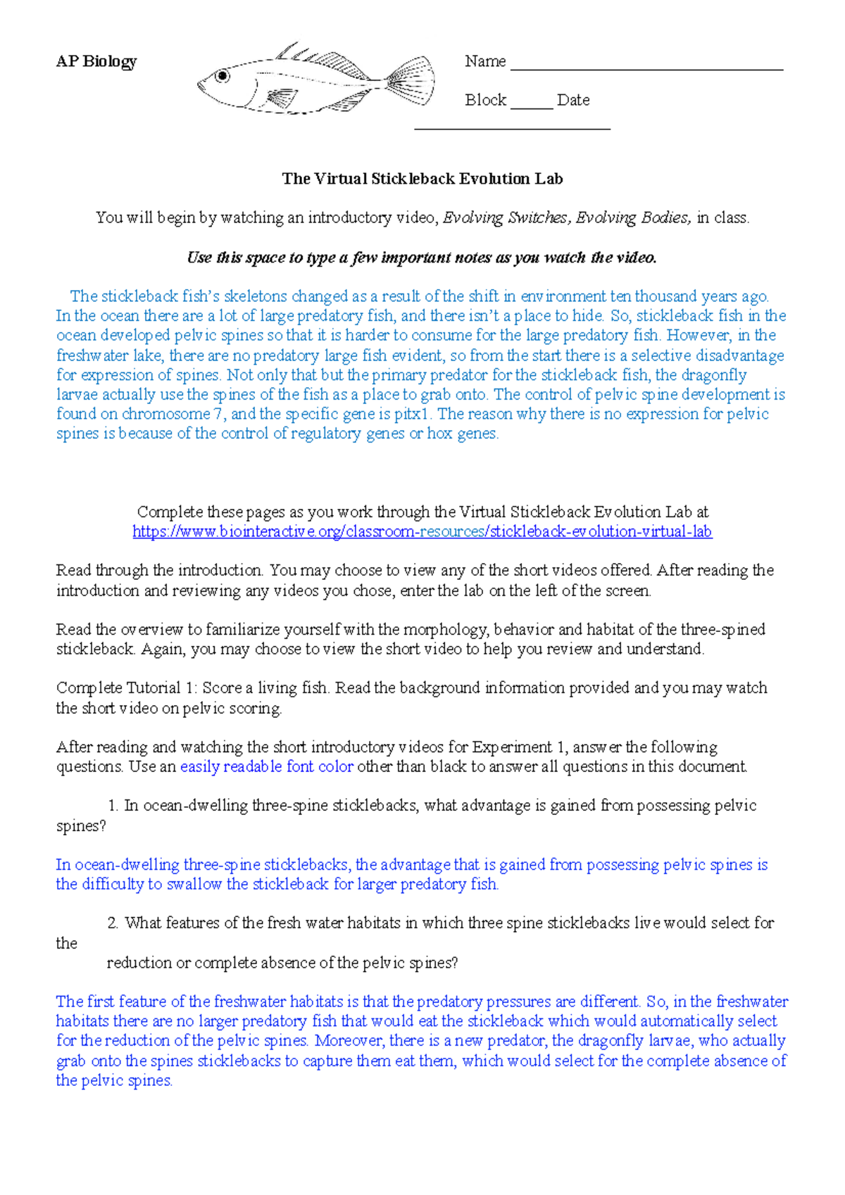 Stickleback Virtual Lab - AP Biology Name ...