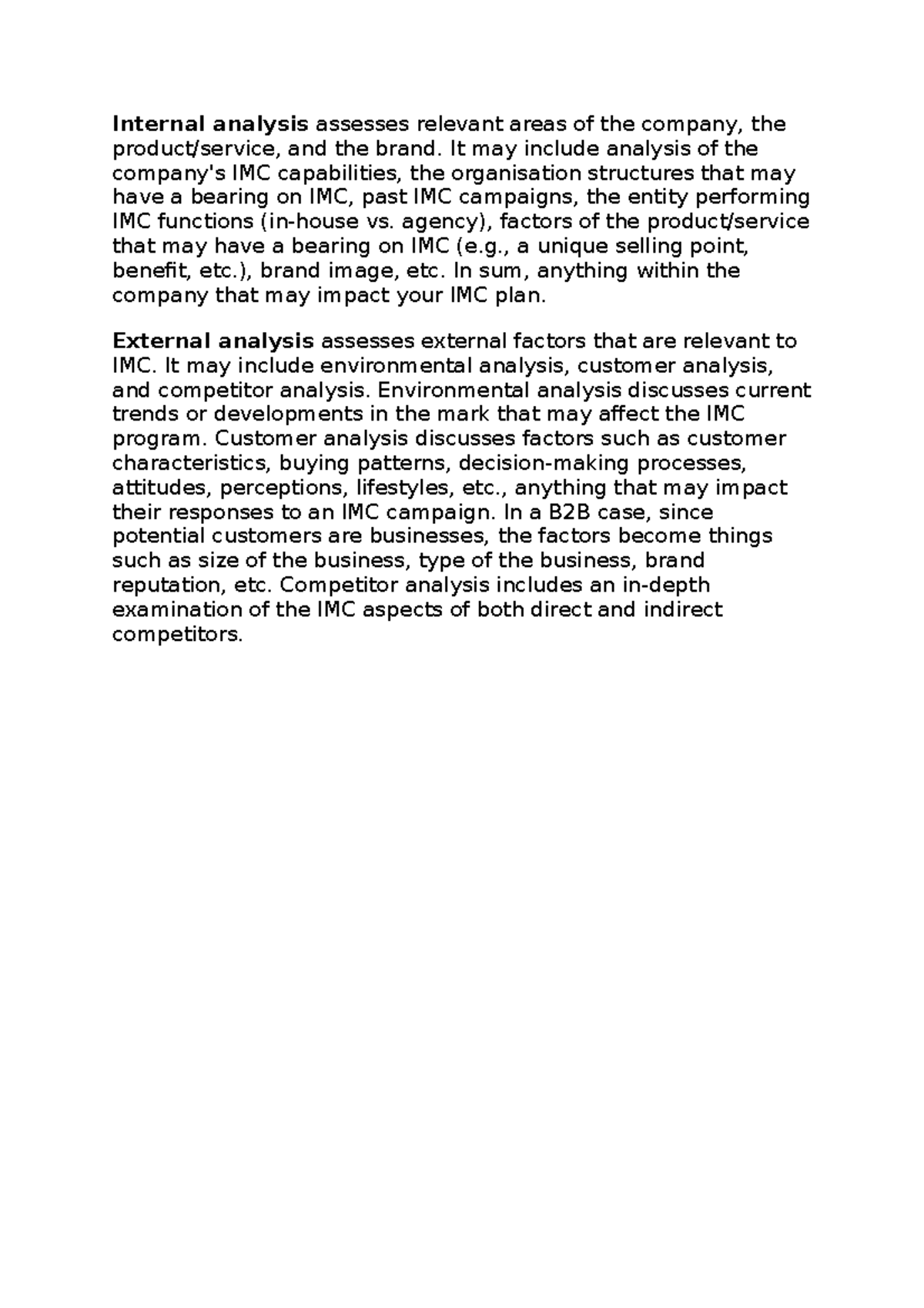 Internal external 4 - Notes - Internal analysis assesses relevant areas ...