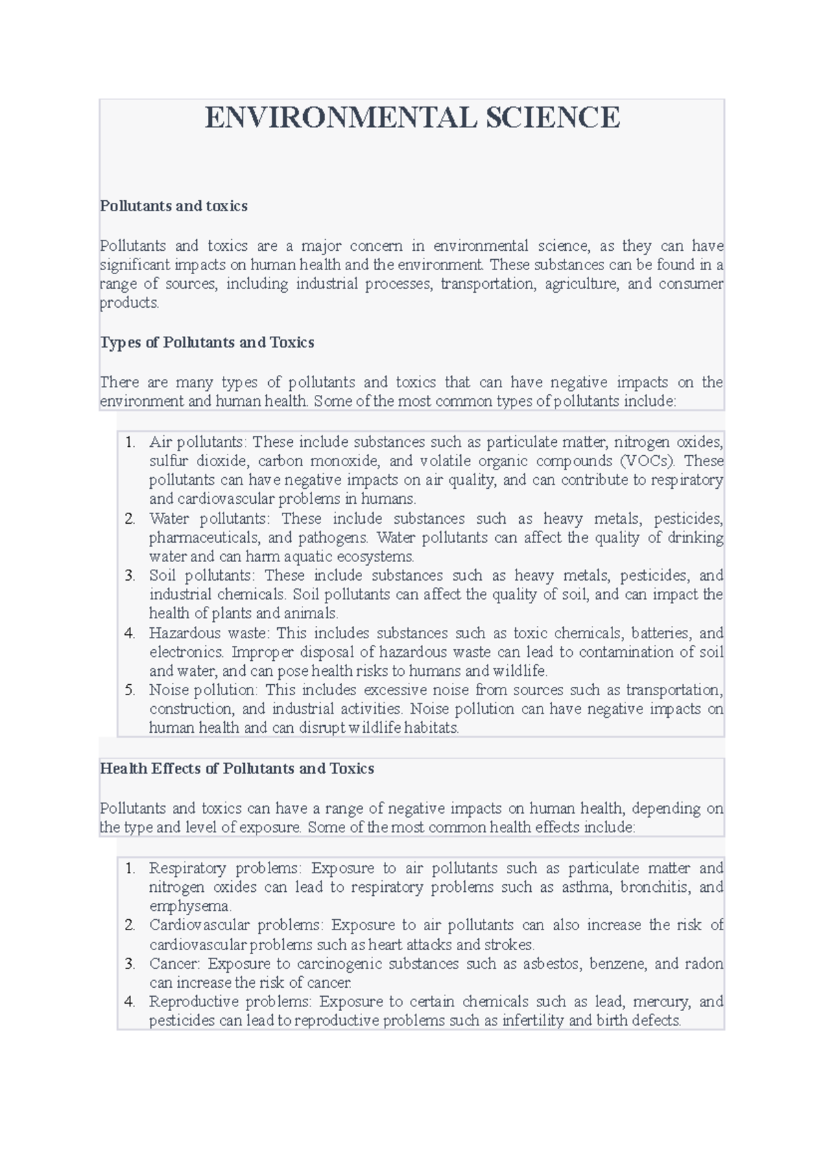 Environmental Science(Pollutants and toxics) - ENVIRONMENTAL SCIENCE ...