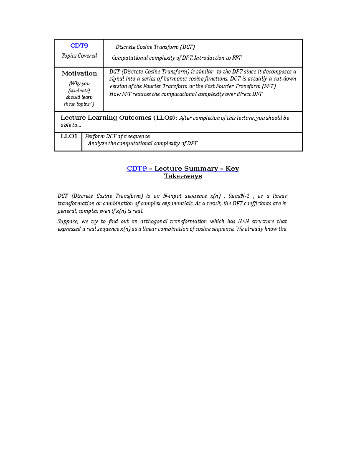 Computational complexity of DFT - CDT Topics Covered Discrete Cosine Transform (DCT ...