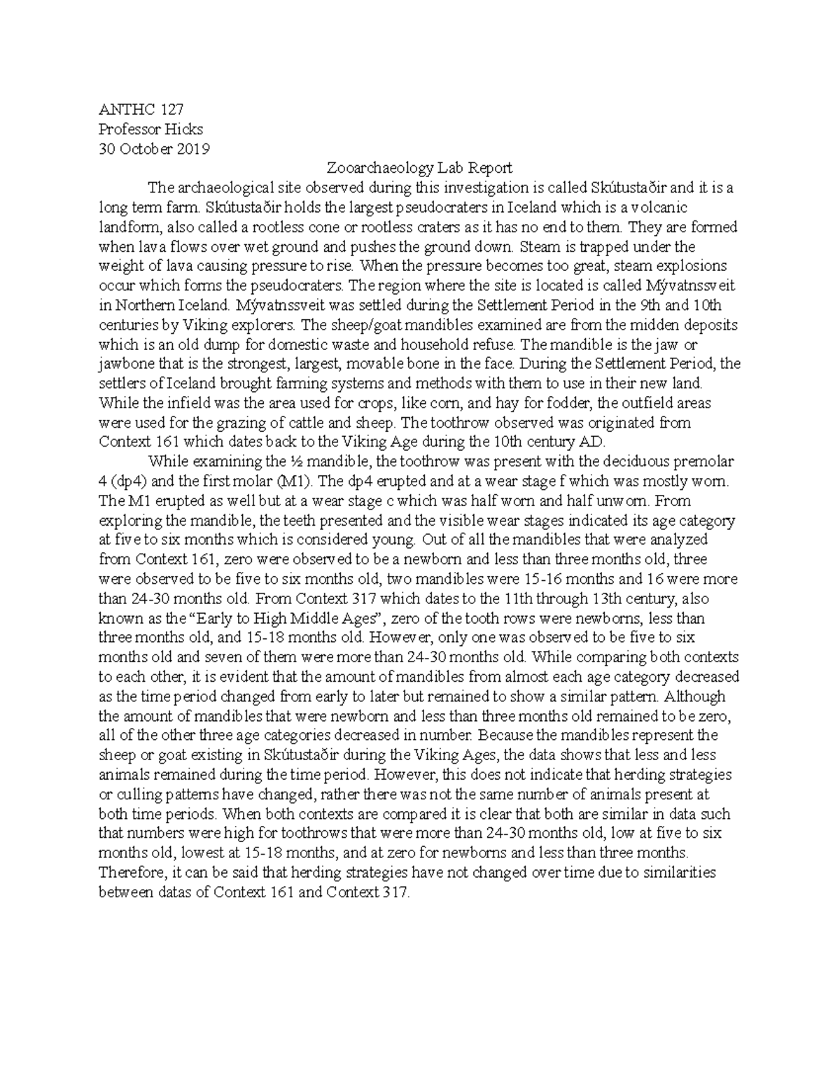 Anthc 127 Midterm - Zooarchaeology Lab Report - ANTHC 127 Professor ...