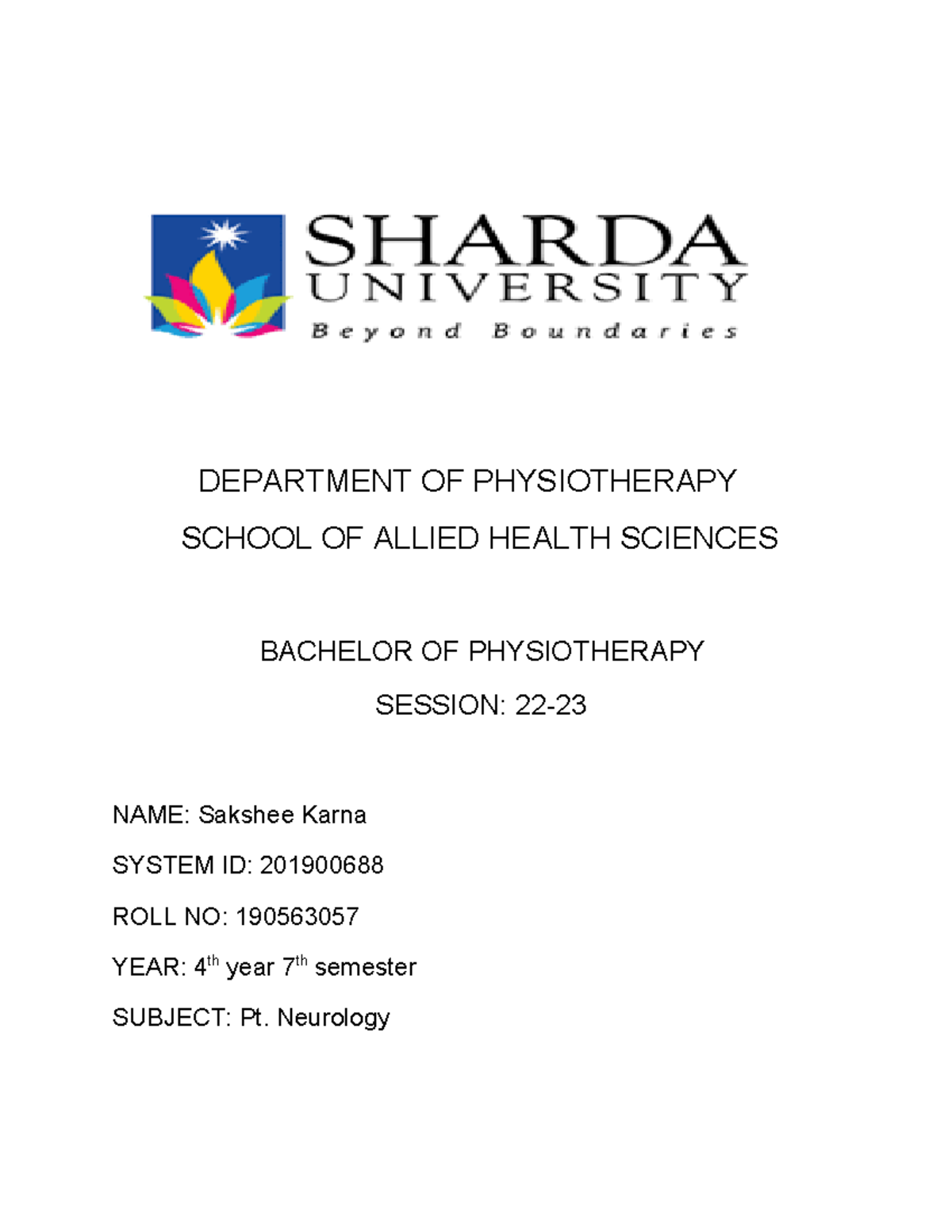 Assignment of neurology - DEPARTMENT OF PHYSIOTHERAPY SCHOOL OF ALLIED ...
