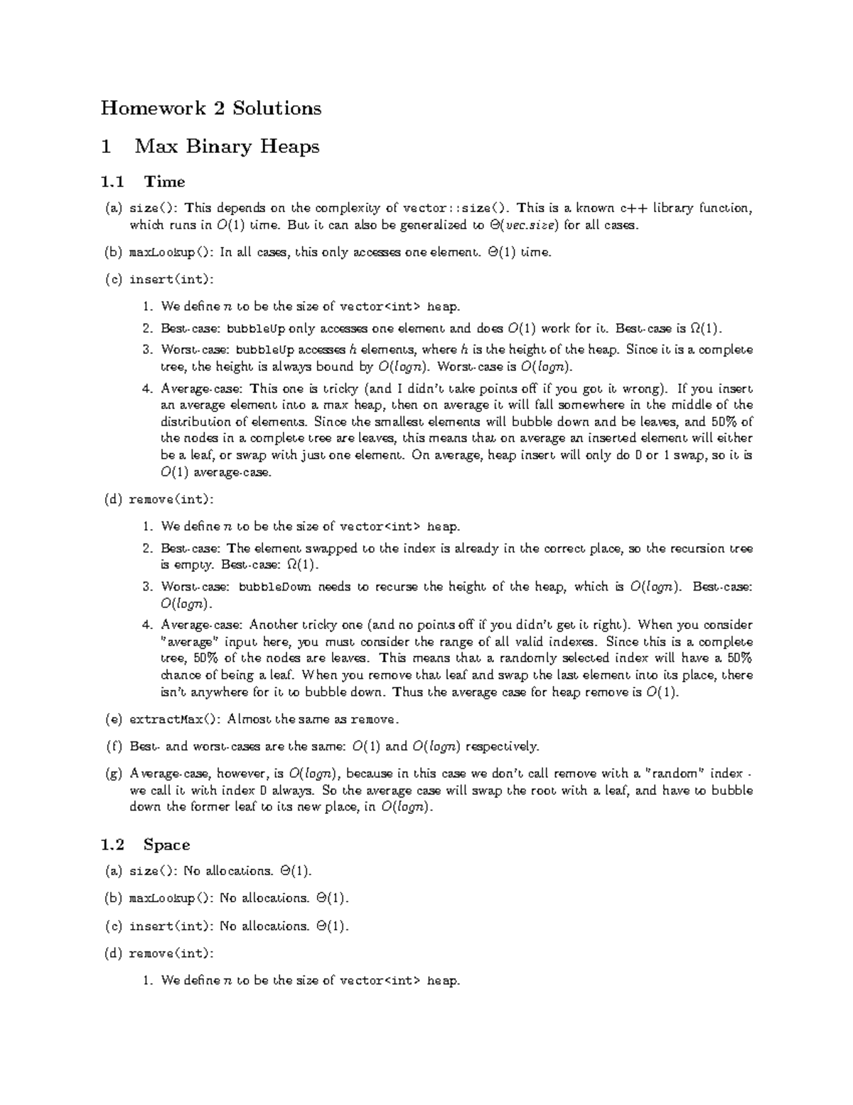 Homework 2 Solutions - Homework 2 Solutions 1 Max Binary Heaps 1 Time ...