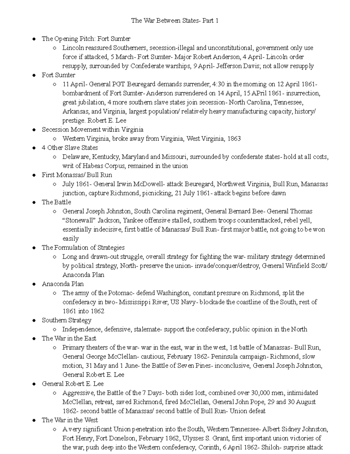 History 201 Doughty Lecture Notes - The War Between States- Part 1 The ...