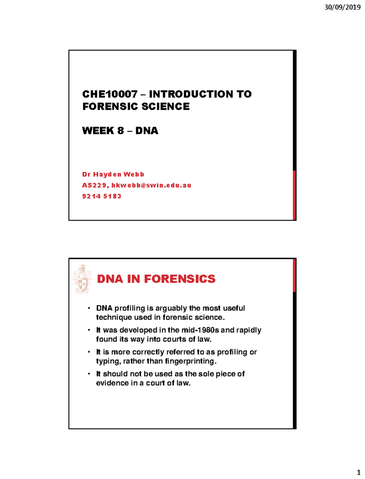 CHE10007 DNA wk 8 - Lecture notes - CHE10007 – INTRODUCTION TO FORENSIC ...