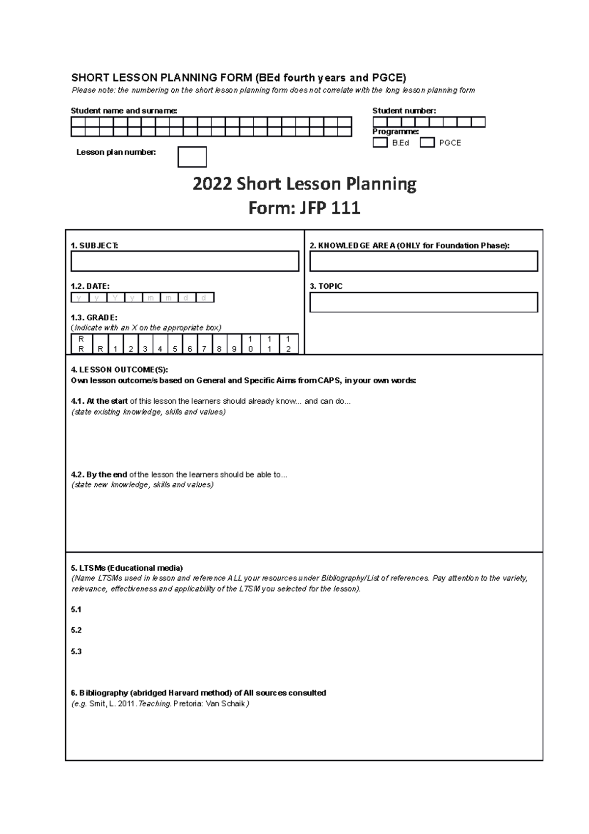 2022 TUKS Short Lesson planning - SHORT LESSON PLANNING FORM (BEd ...