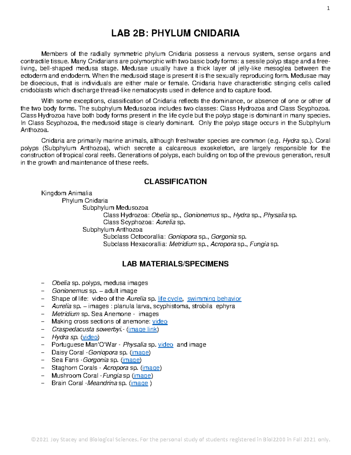 Lab 2B Cnidaria 1 - lab notes - LAB 2B: PHYLUM CNIDARIA Members of the ...