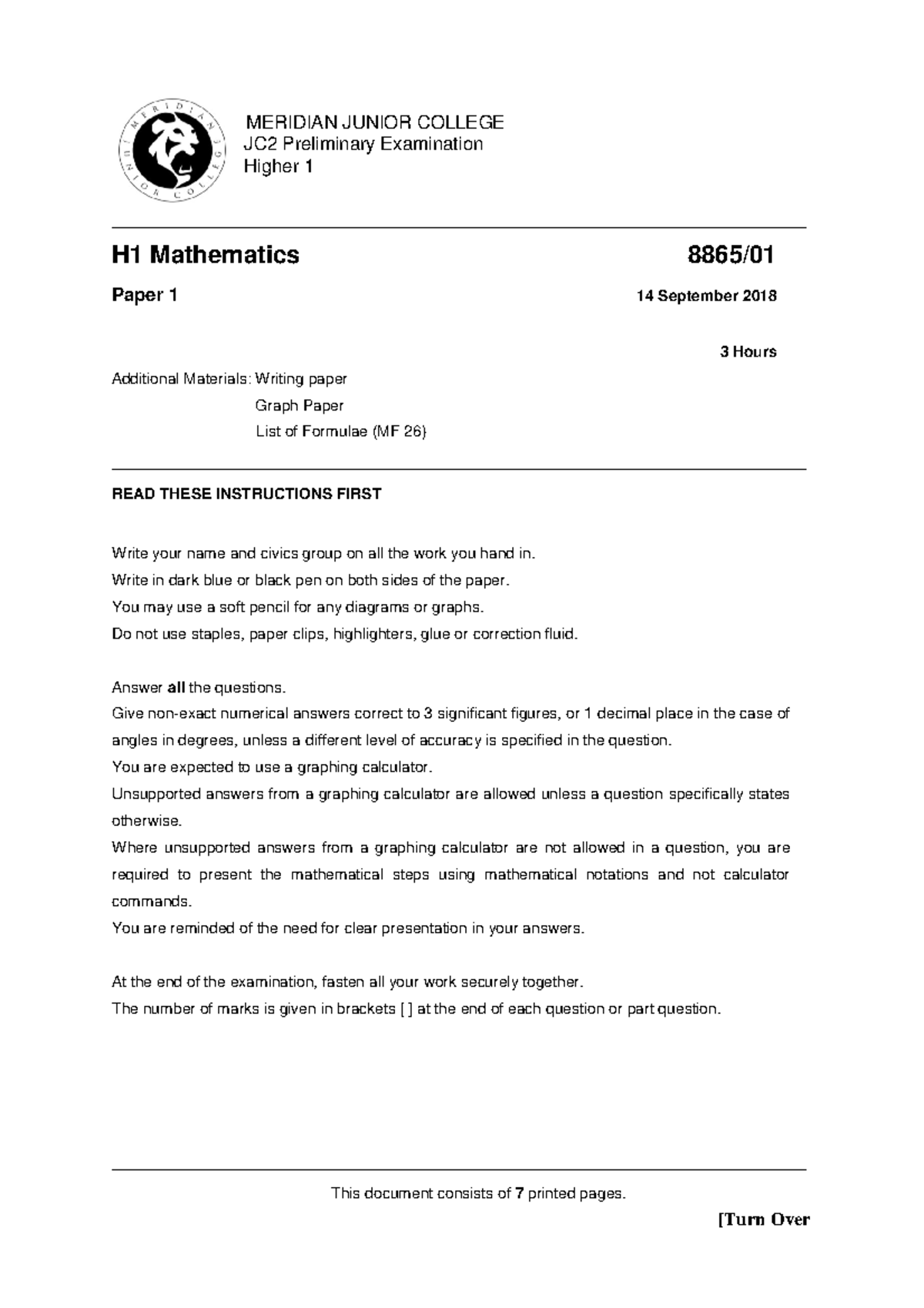 2018 Meridian Junior College SA2 H1 Mathematics Practice Paper - Write ...