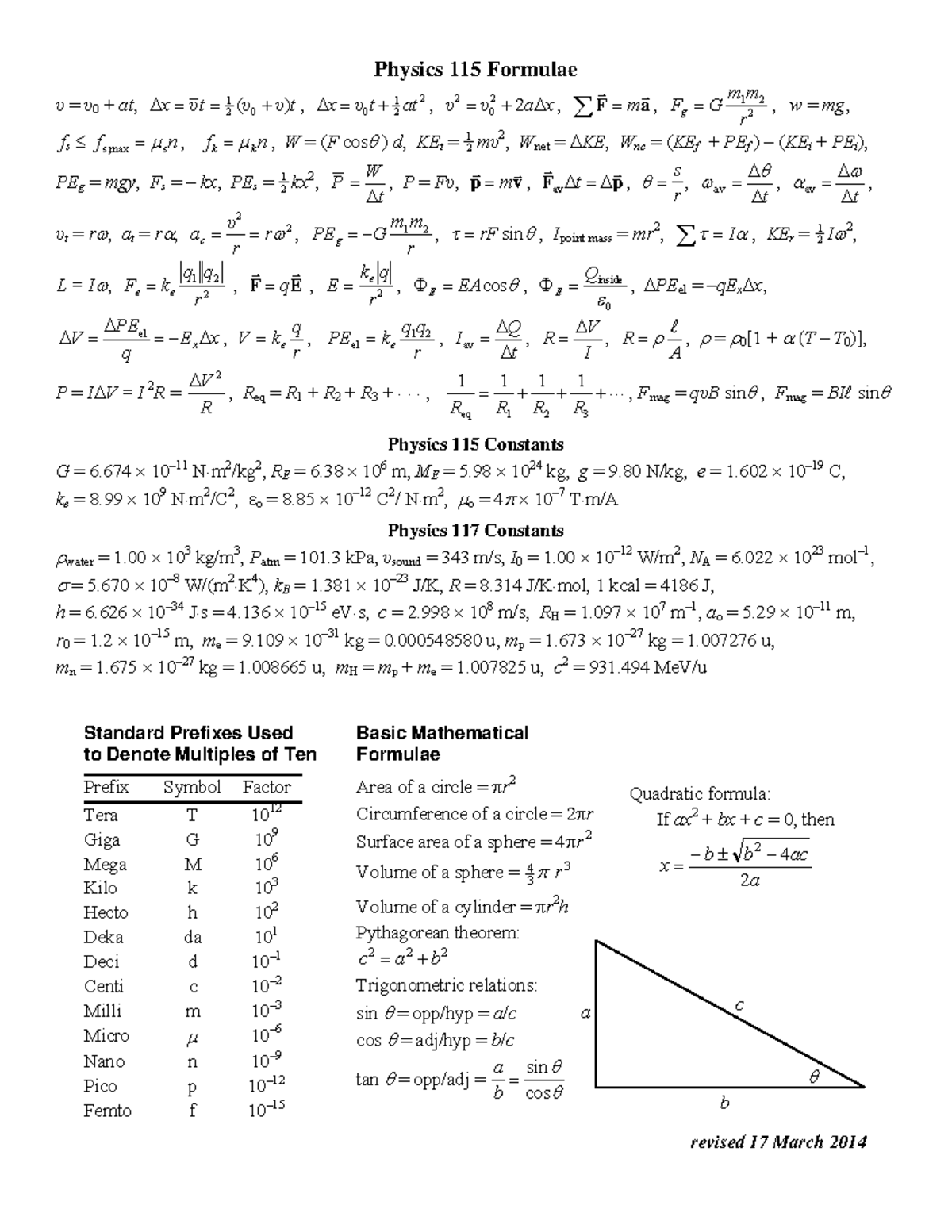 Formula Sheet - Physics 115 Formulae υ = υ 0 + at, x υt 2 (υ 0 υ)t 1 , 2 2 1 x υ 0 t at , - Studocu
