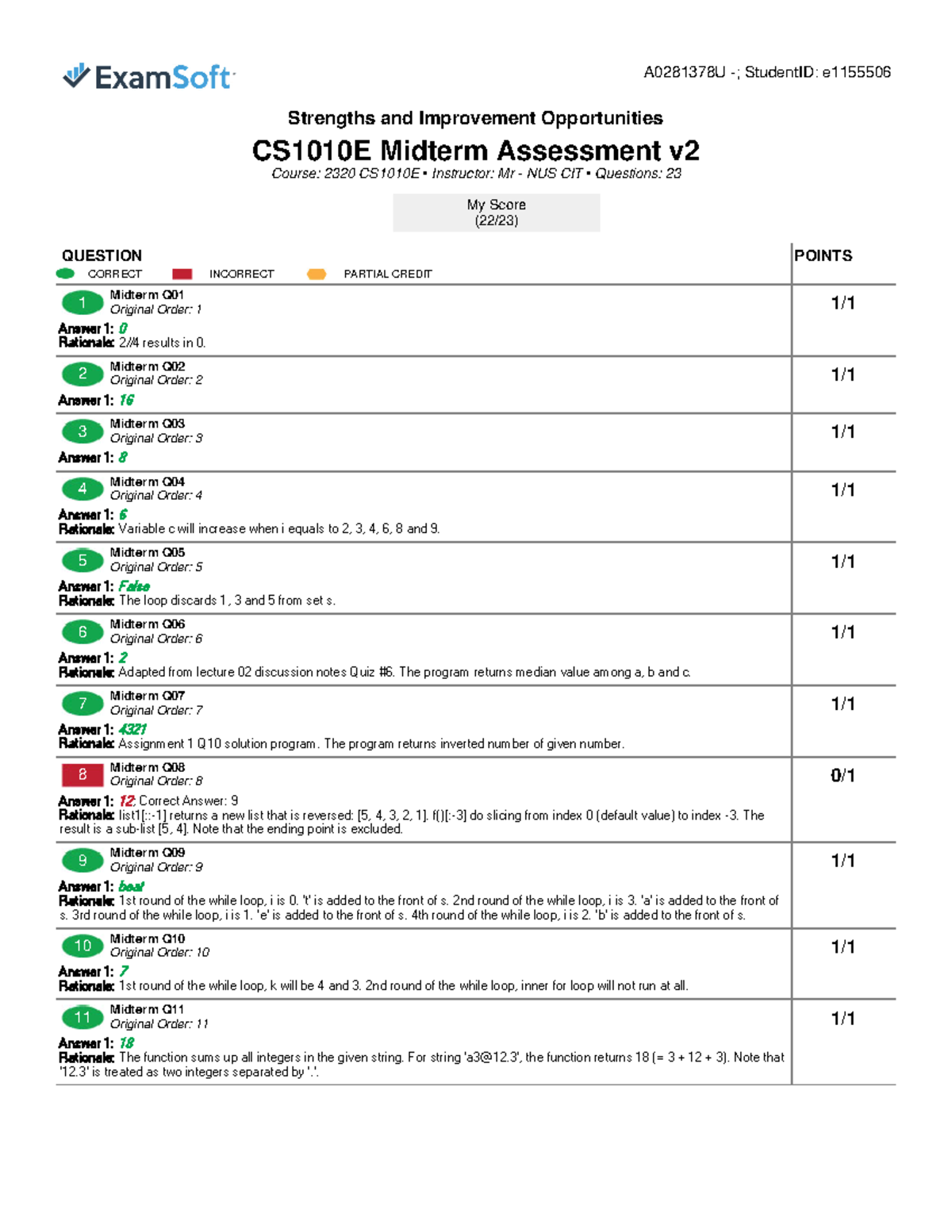 Exam Taker Answer Report - Strengths and Improvement Opportunities CS1010E Midterm Assessment v ...