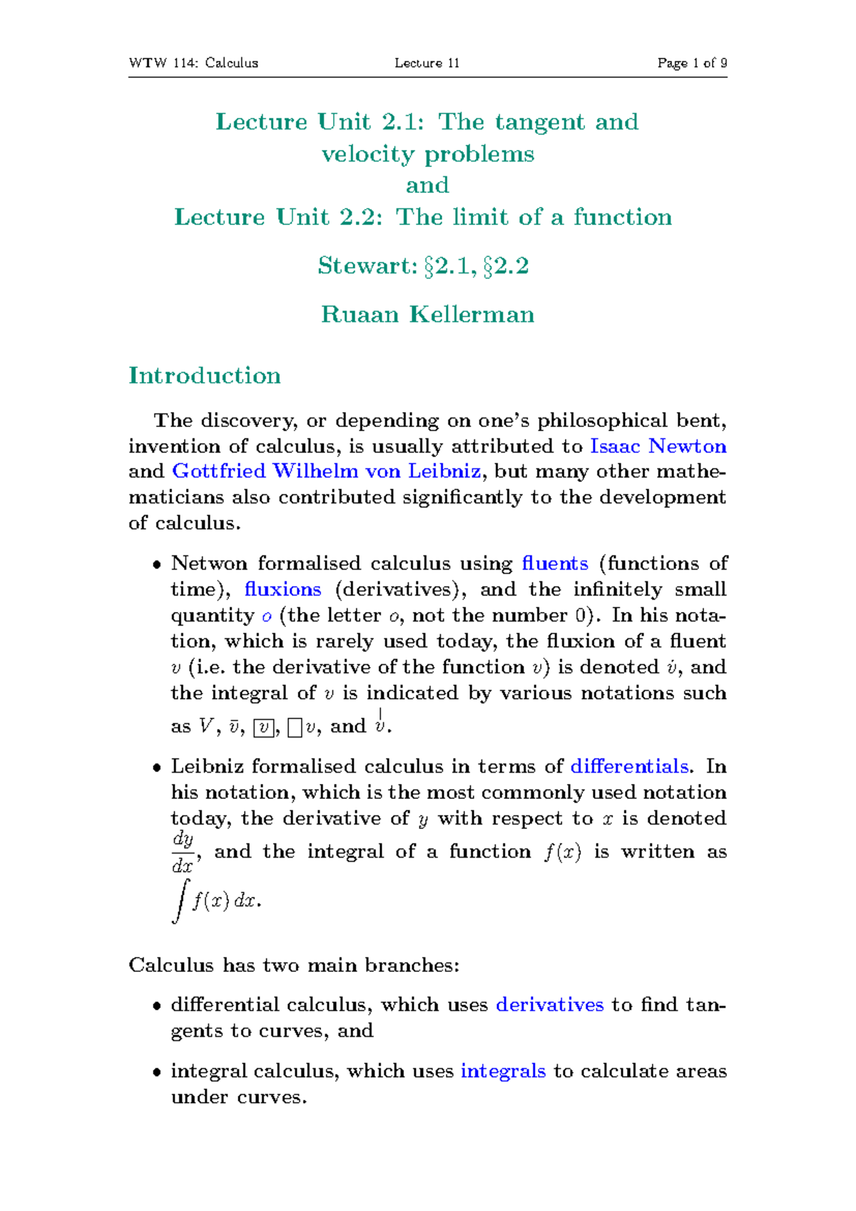 WTW 114 Lecture 11 (La Te X) - Lecture Unit 2: The tangent and velocity problems and Lecture ...