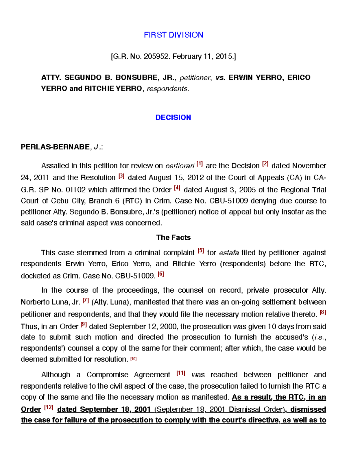 15 Bonsubre, Jr. v. Yerro - FIRST DIVISION [G. No. 205952. February 11 ...